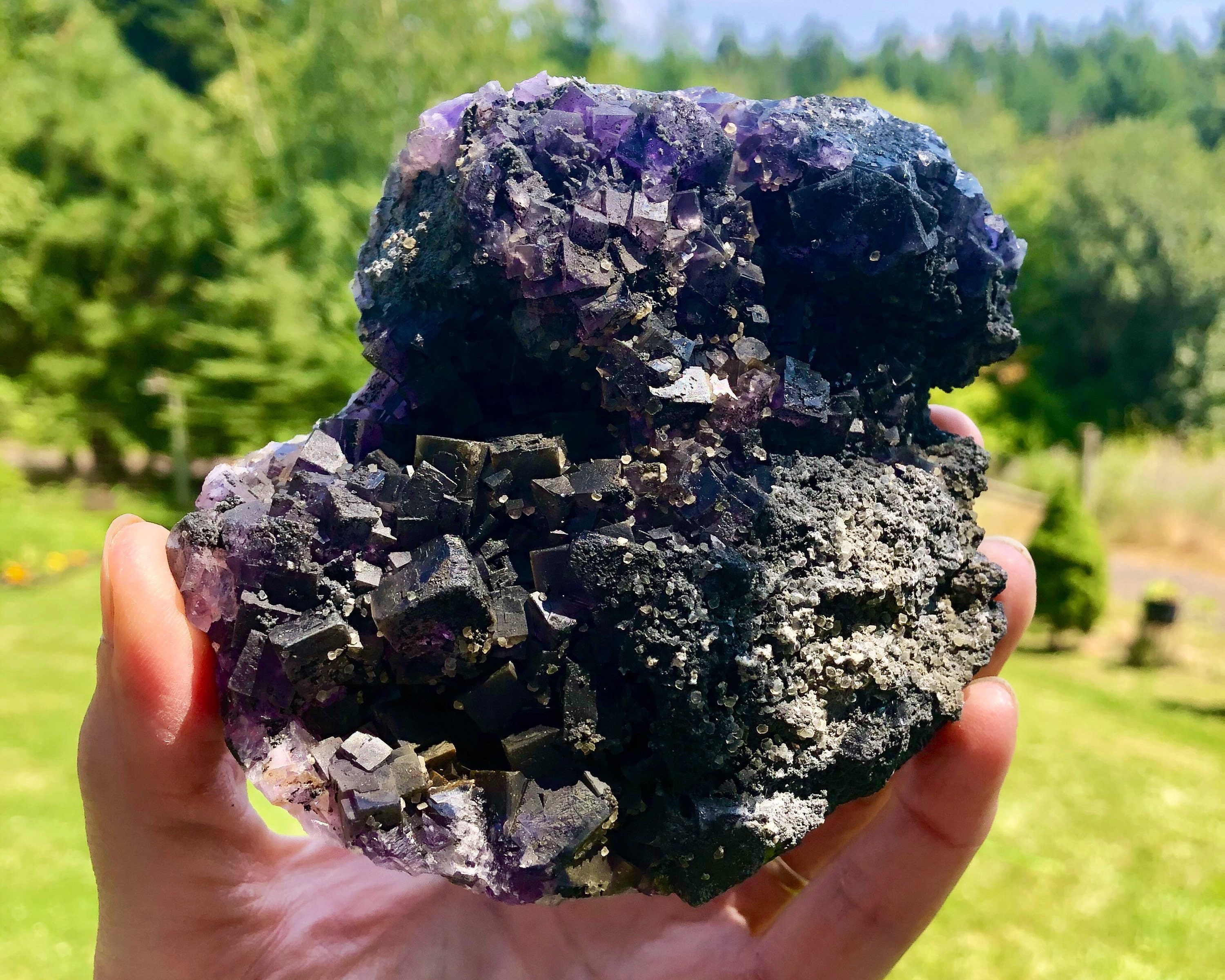 502g DARK Purple Cubic Calcite With Tiny Yellow Calcite Crystal Cluster