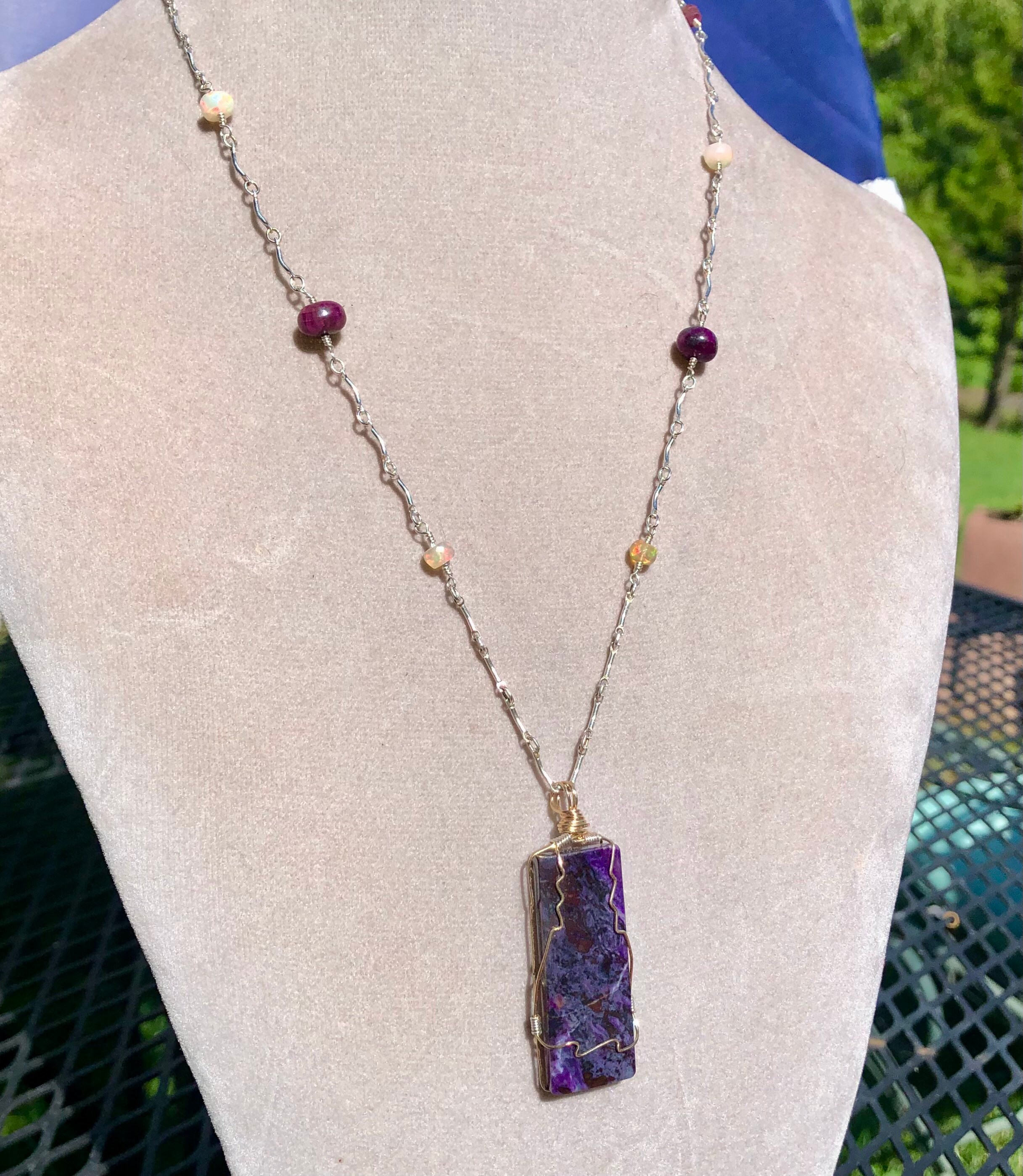 Sugilite Necklace With Ethiopian Opal Ruby Kyanite Sterling Silver Bar ...