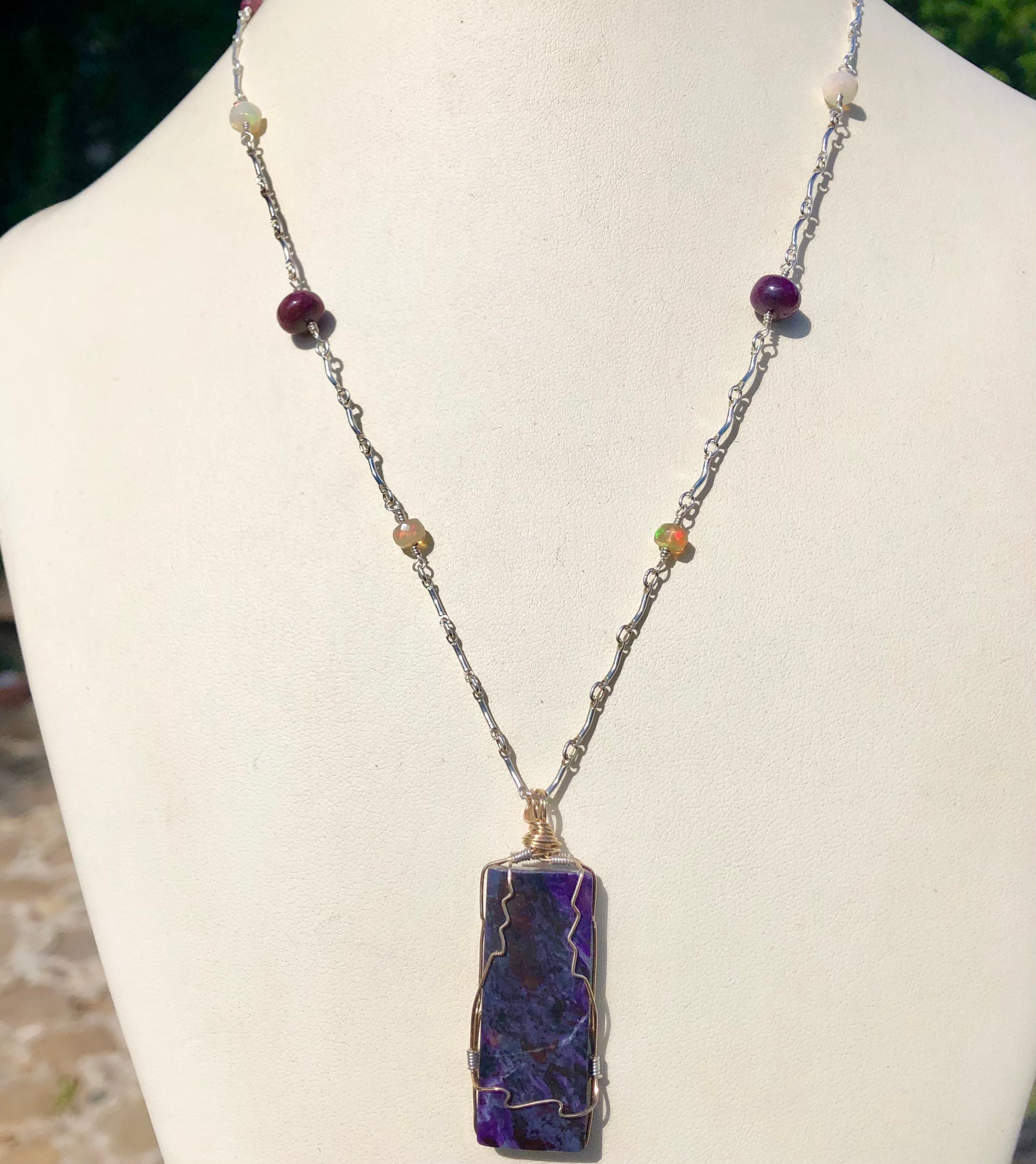 Sugilite Necklace With Ethiopian Opal Ruby Kyanite Sterling Silver Bar ...