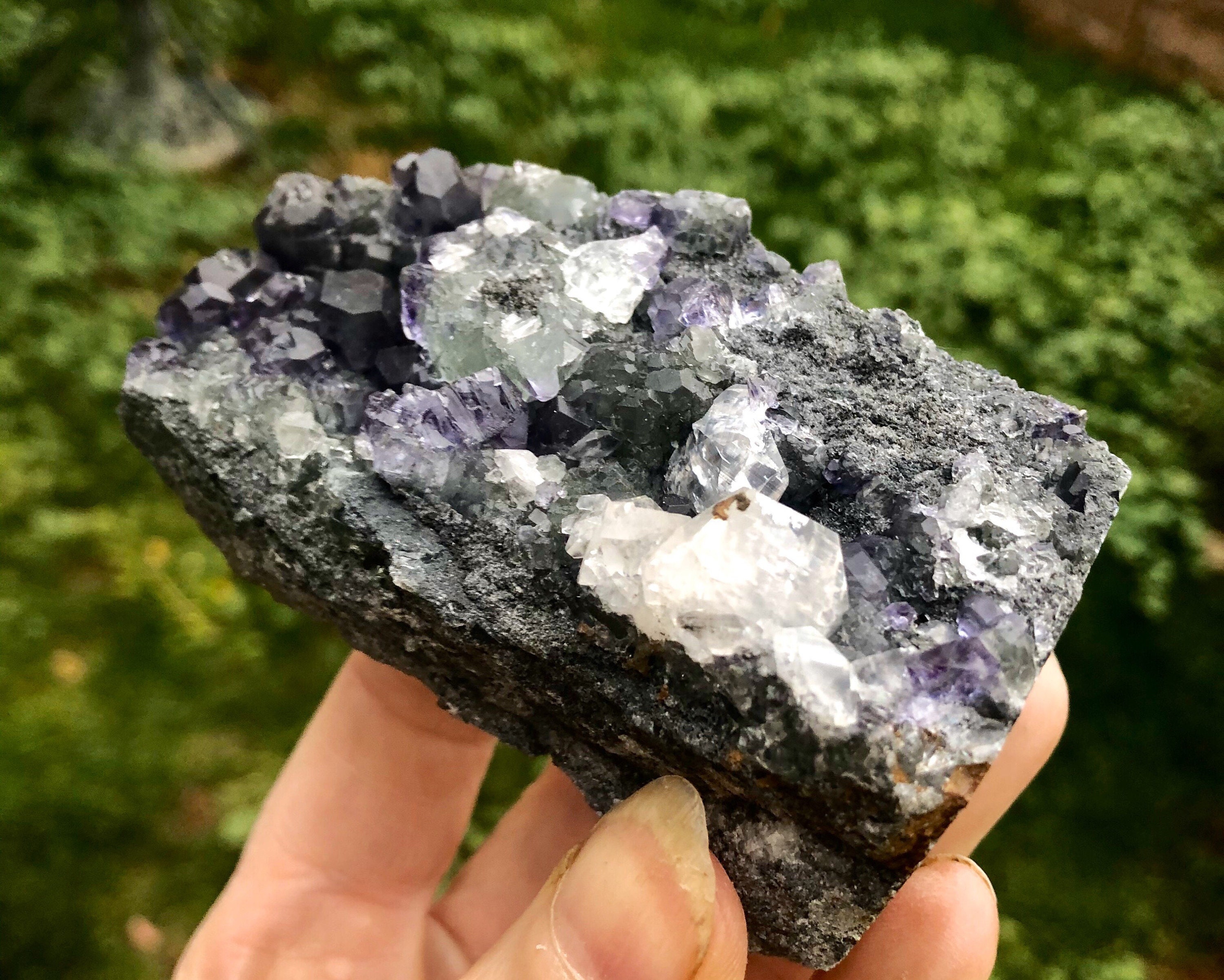 212g Purple Octahedral Fluorite Crystals with Quartz Crystals in Gray ...