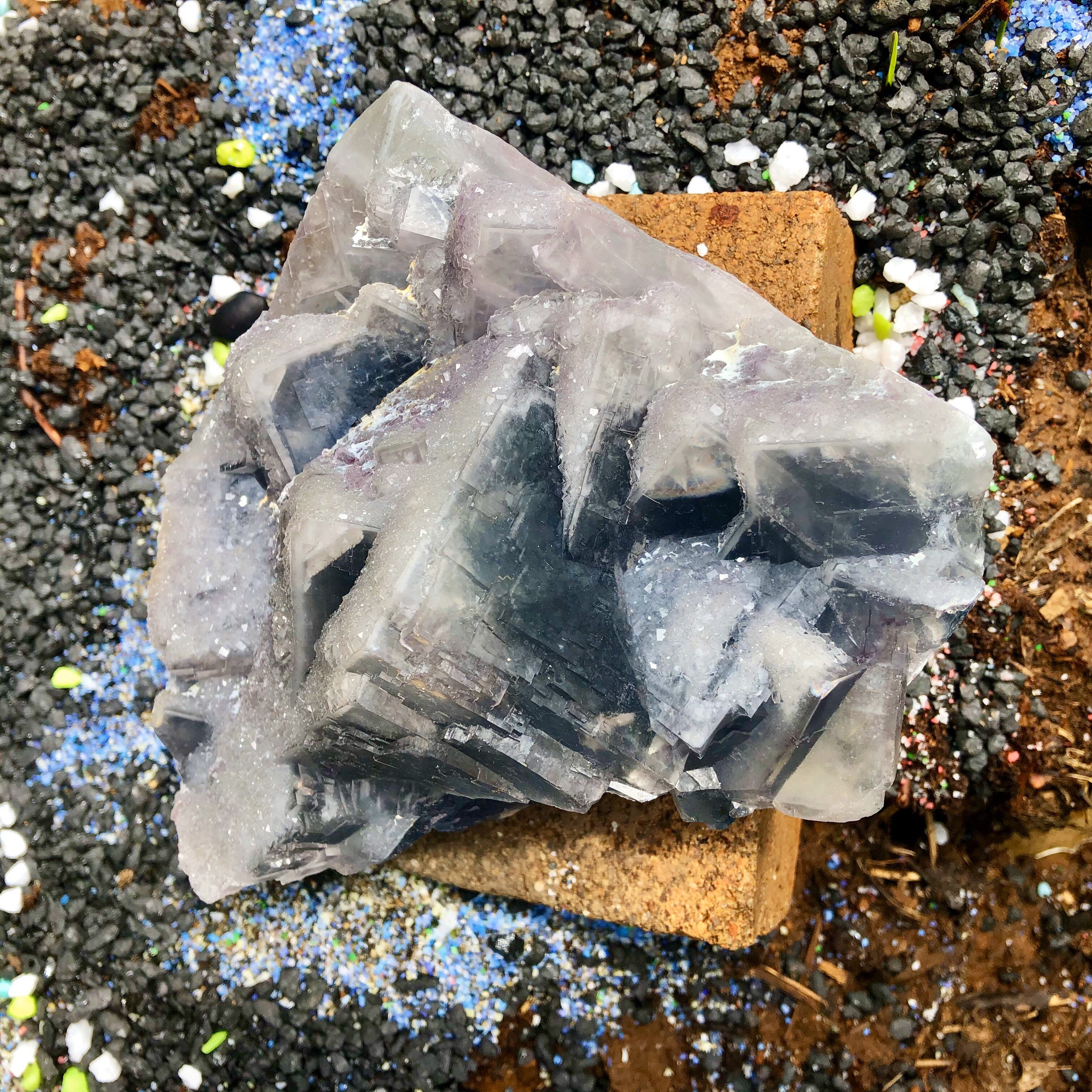 742g Big Blue Cubic Pyramid Fluorite With Lavender Druzy Quartz Crystal ...
