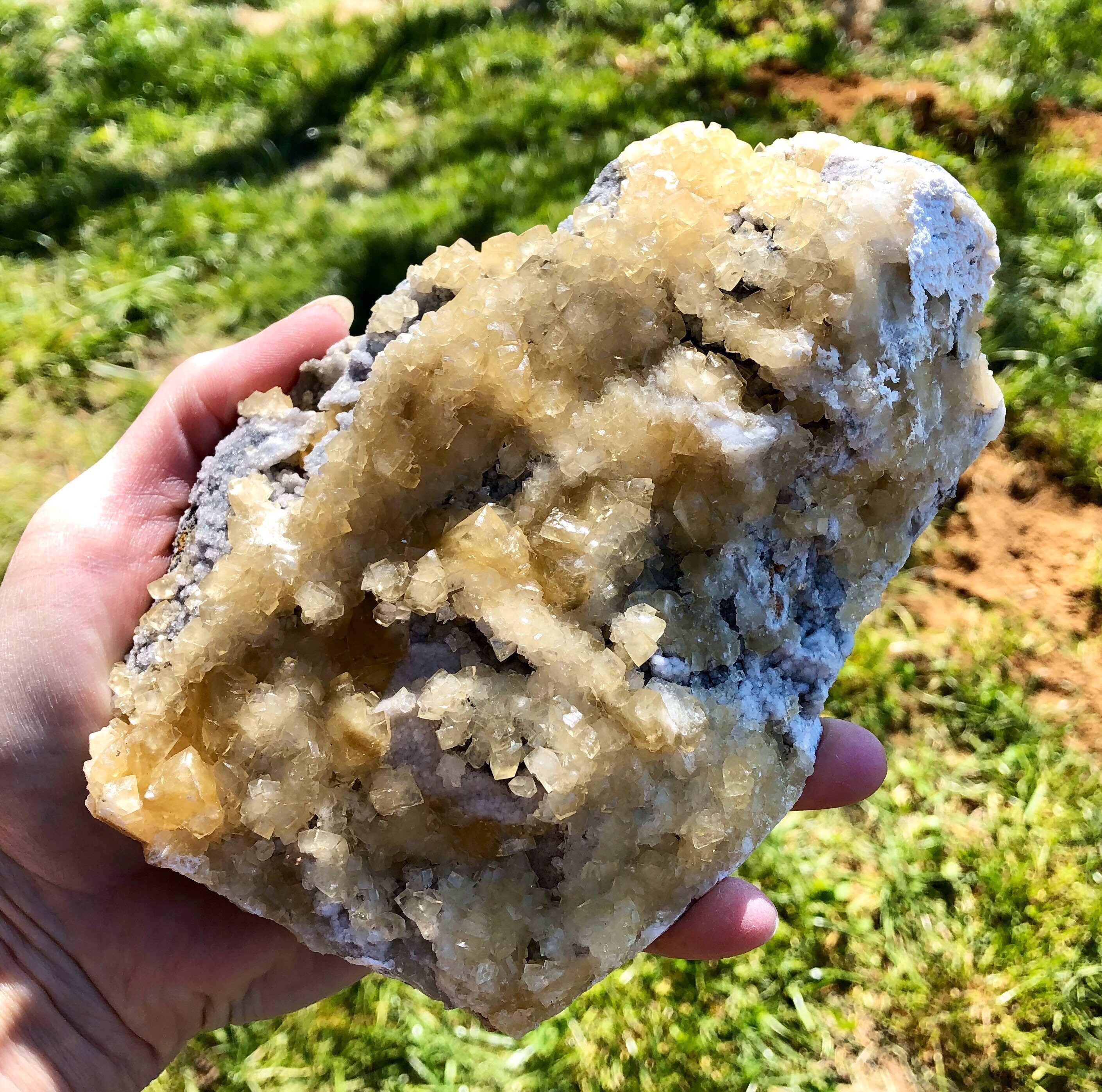 2.48 lbs Large Yellow Cubic Calcite Crystal Cluster On Botryoidal White ...