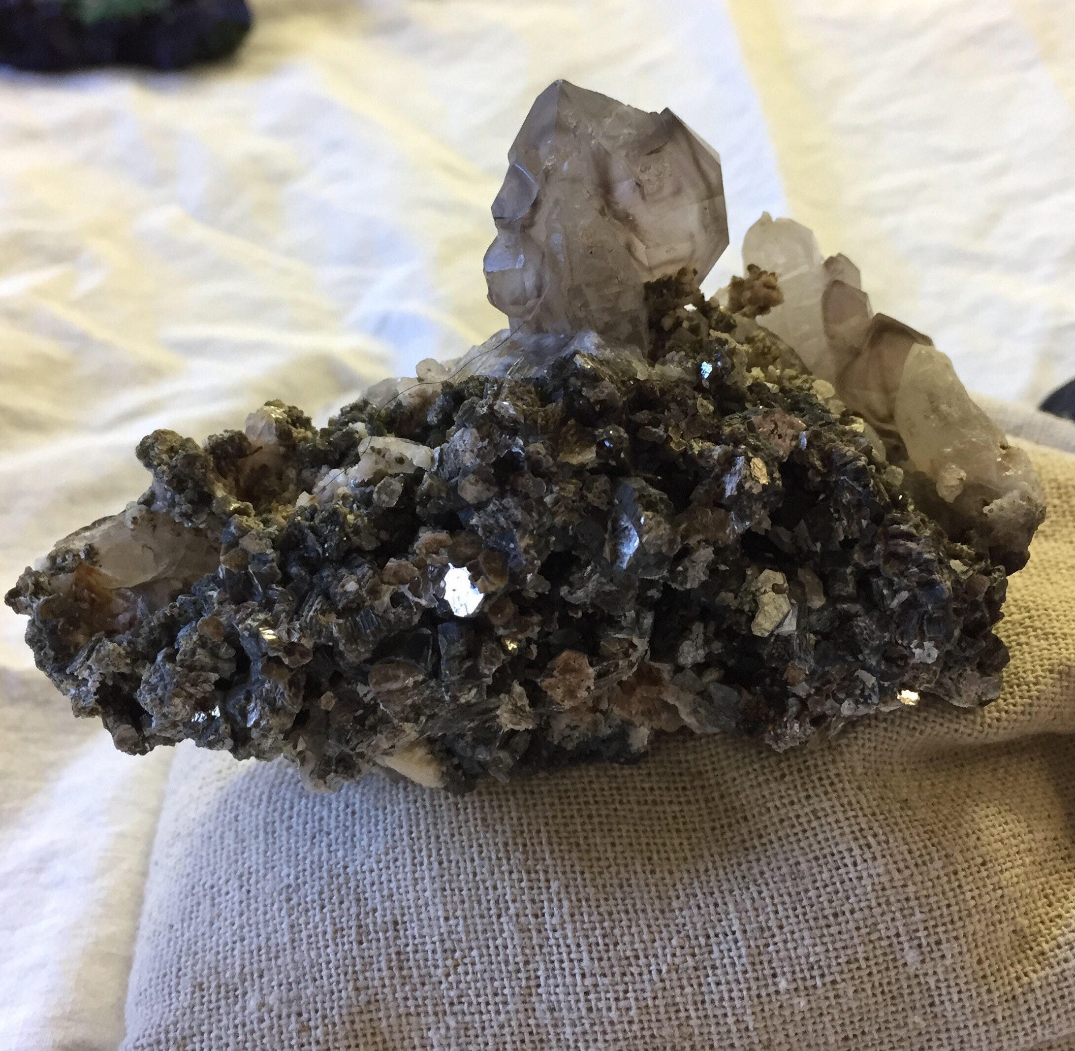 Elestial Skeletal Quartz on Mica and Calcite crystal cluster