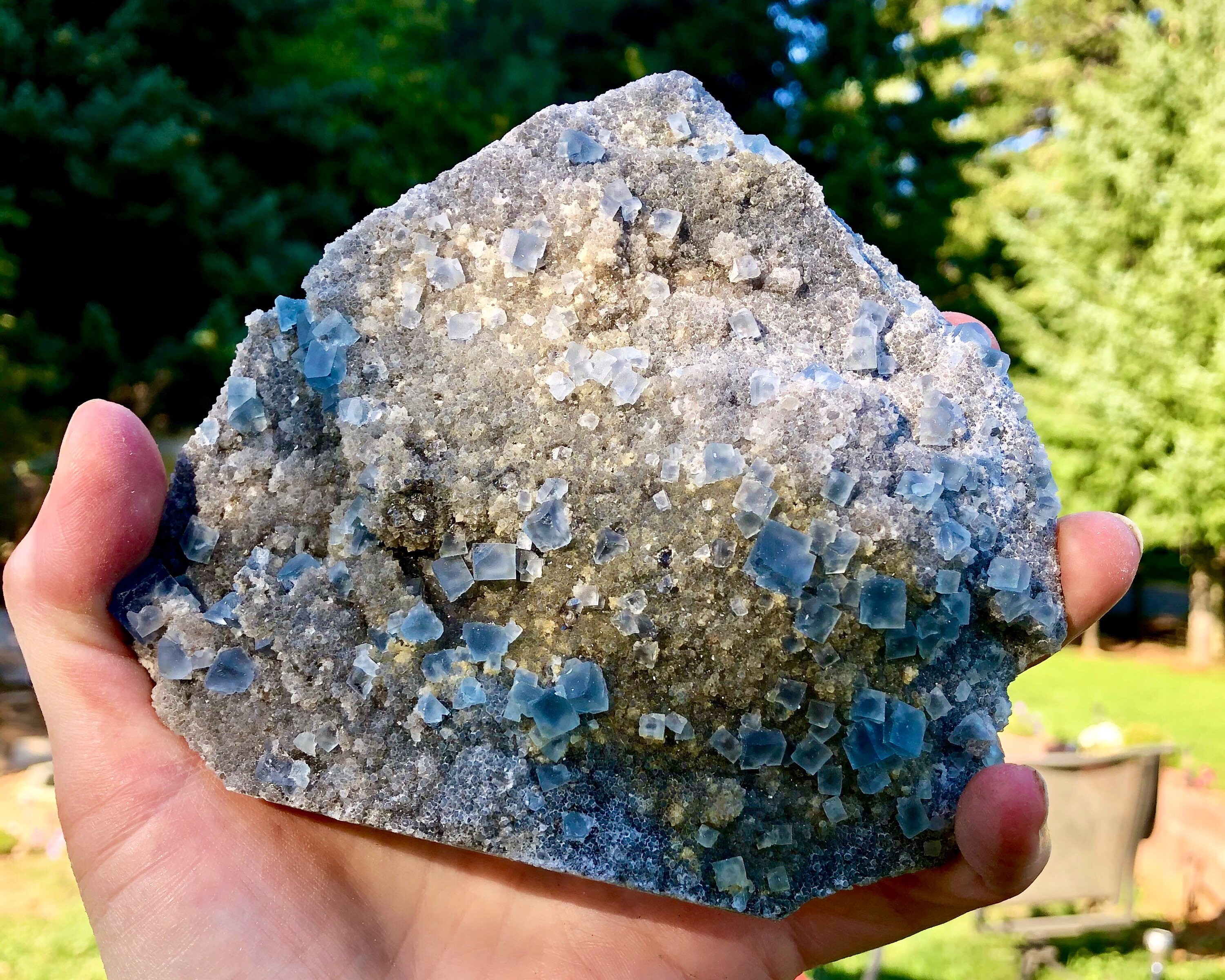 626g Blue Cubic Fluorite And Smoky Quartz Crystal Plate Display Specimen