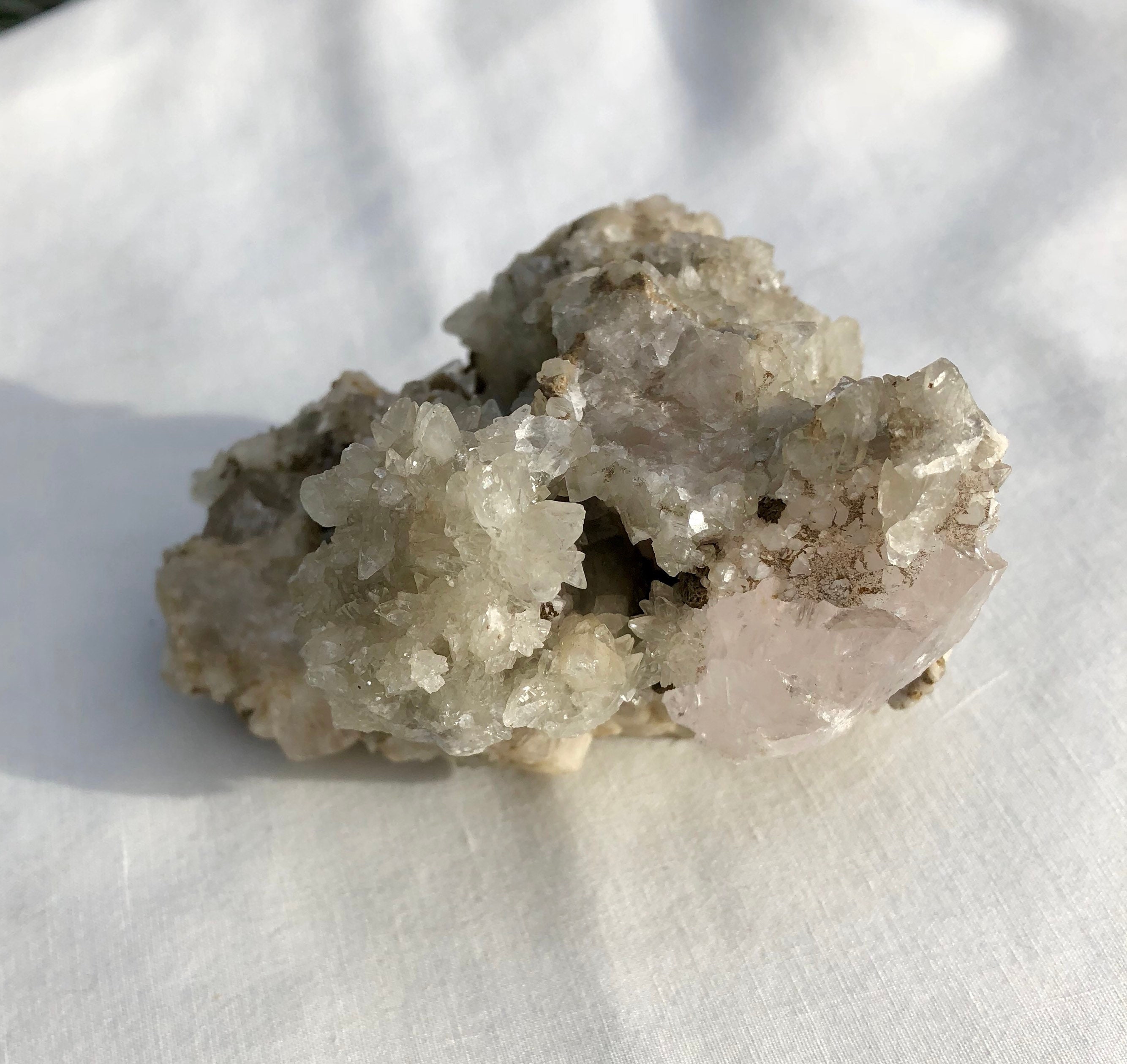Dogtooth Calcite Crystal Cluster with big pink Crystals attached to Cluster