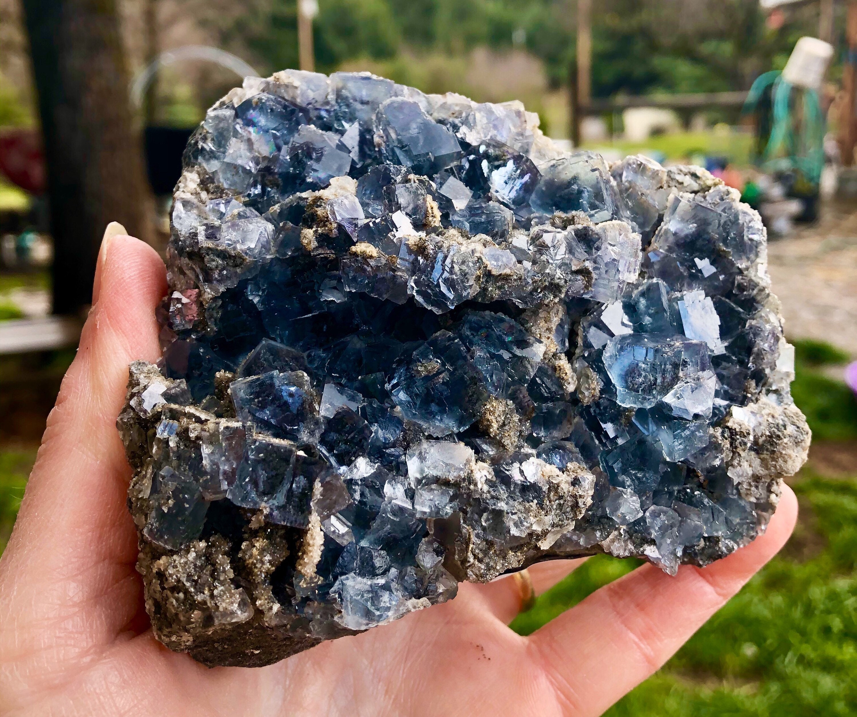 640g Transparent Blue Cubic Fluorite On Gray Druzy Smoky Quartz Crystal ...