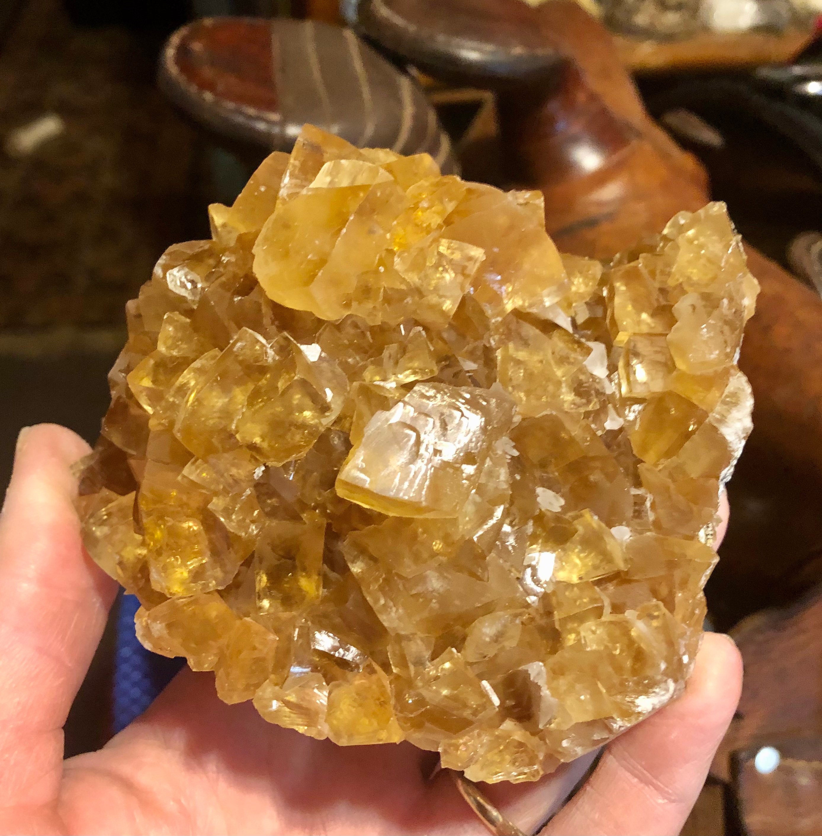 574g Golden Yellow Cubic Calcite Crystal Cluster Mineral Display Specimen