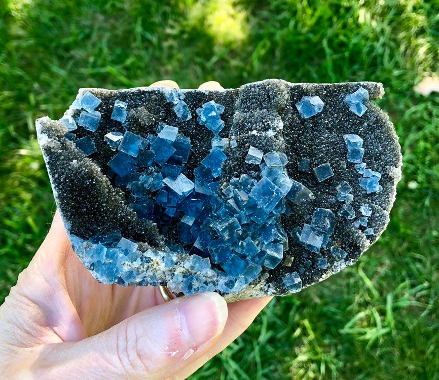 Blue Cubic Fluorite on Gray Druzy Calcite Crystal Cluster Specimen