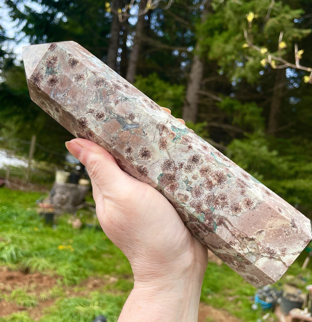 2.46 Lbs Green Flower Agate Obelisk Pillar Tower Point Wand Column ...