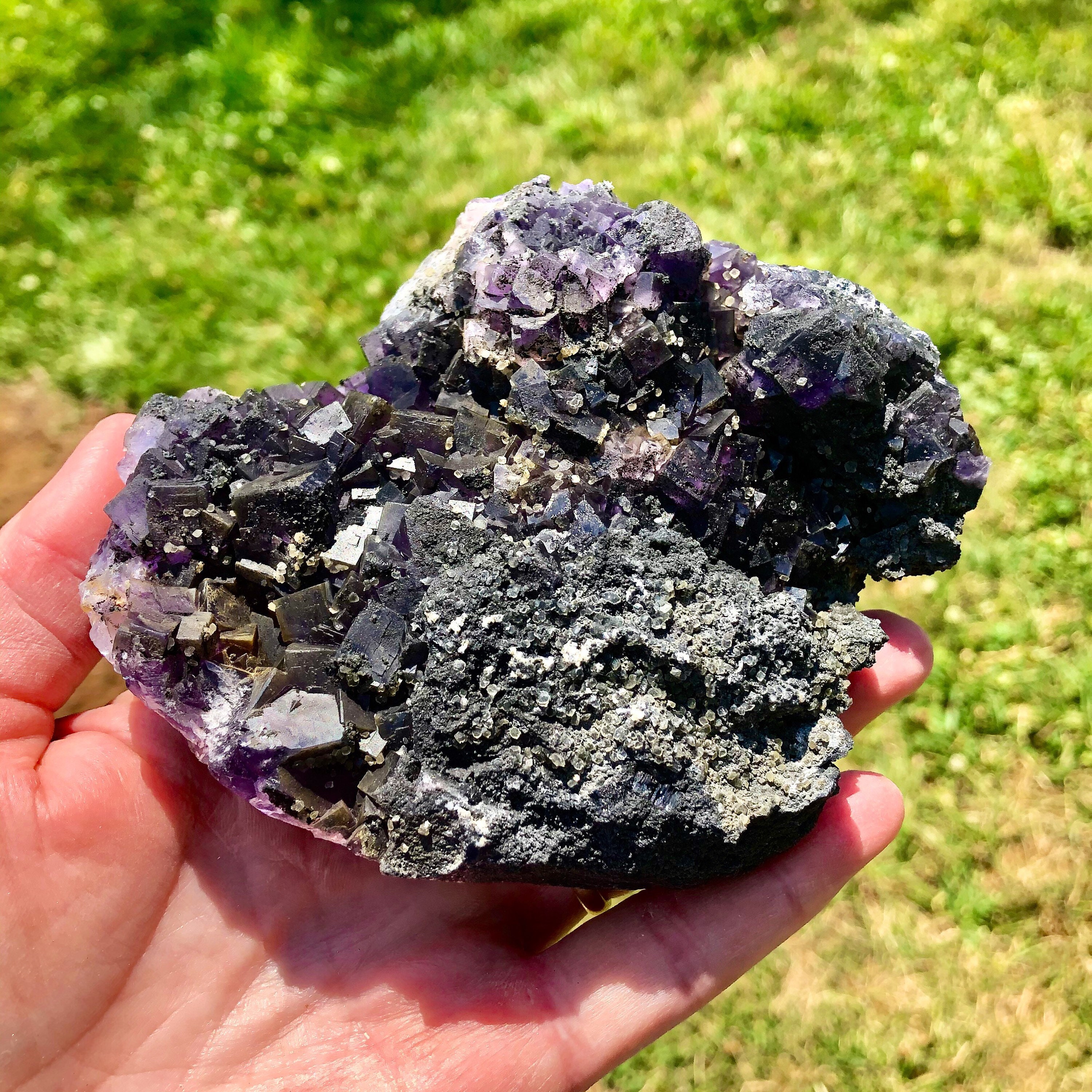 502g DARK Purple Cubic Calcite With Tiny Yellow Calcite Crystal Cluster