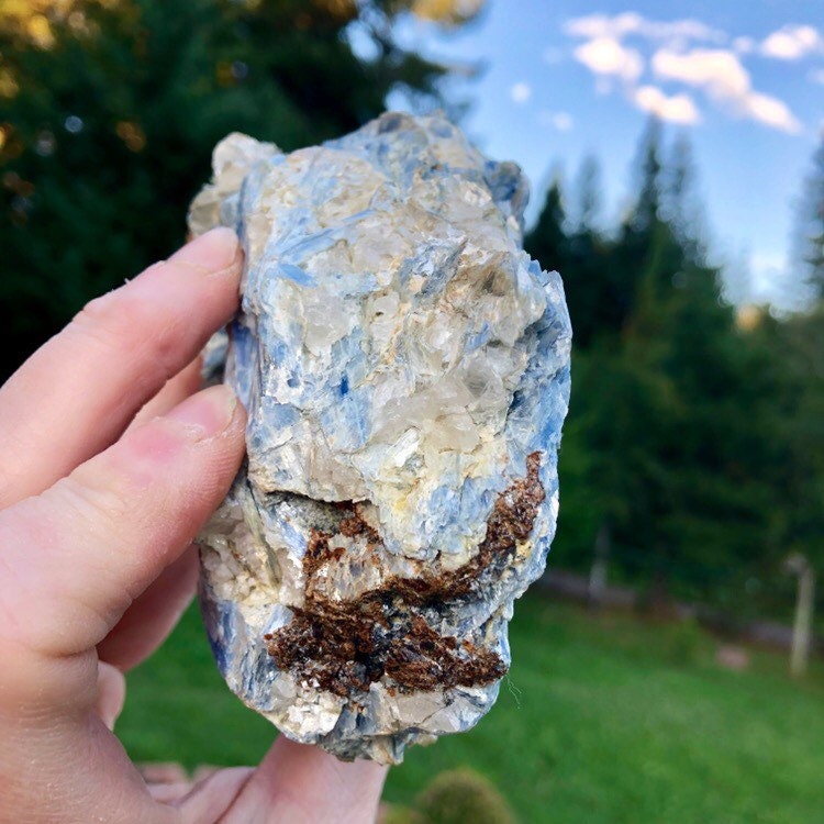 760g Large Blue and White Kyanite Cluster with Red Garnet Mineral Specimen