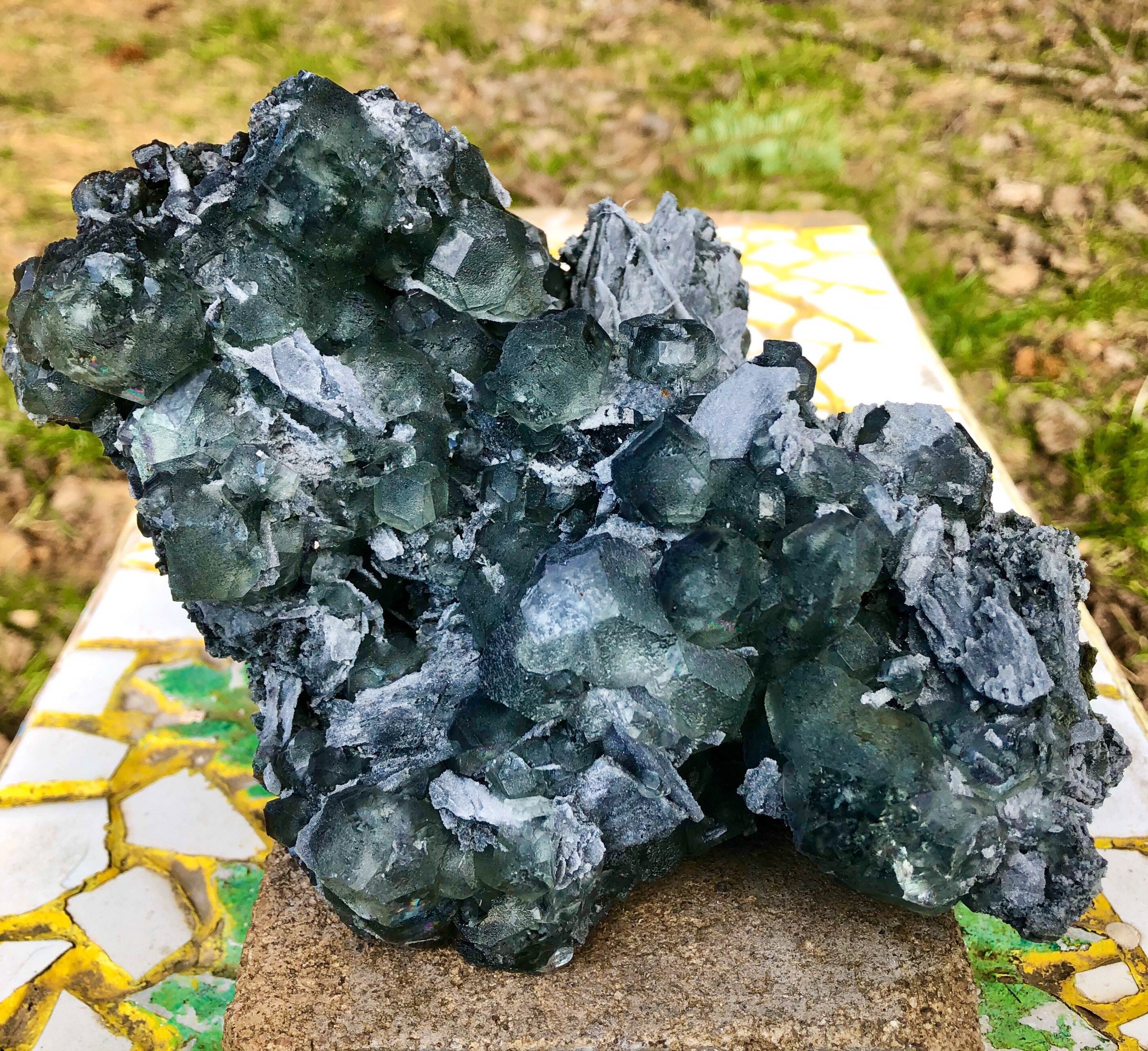 1978g Large Octagonal Green Fluorite On Druzy Gray Matrix Crystal ...