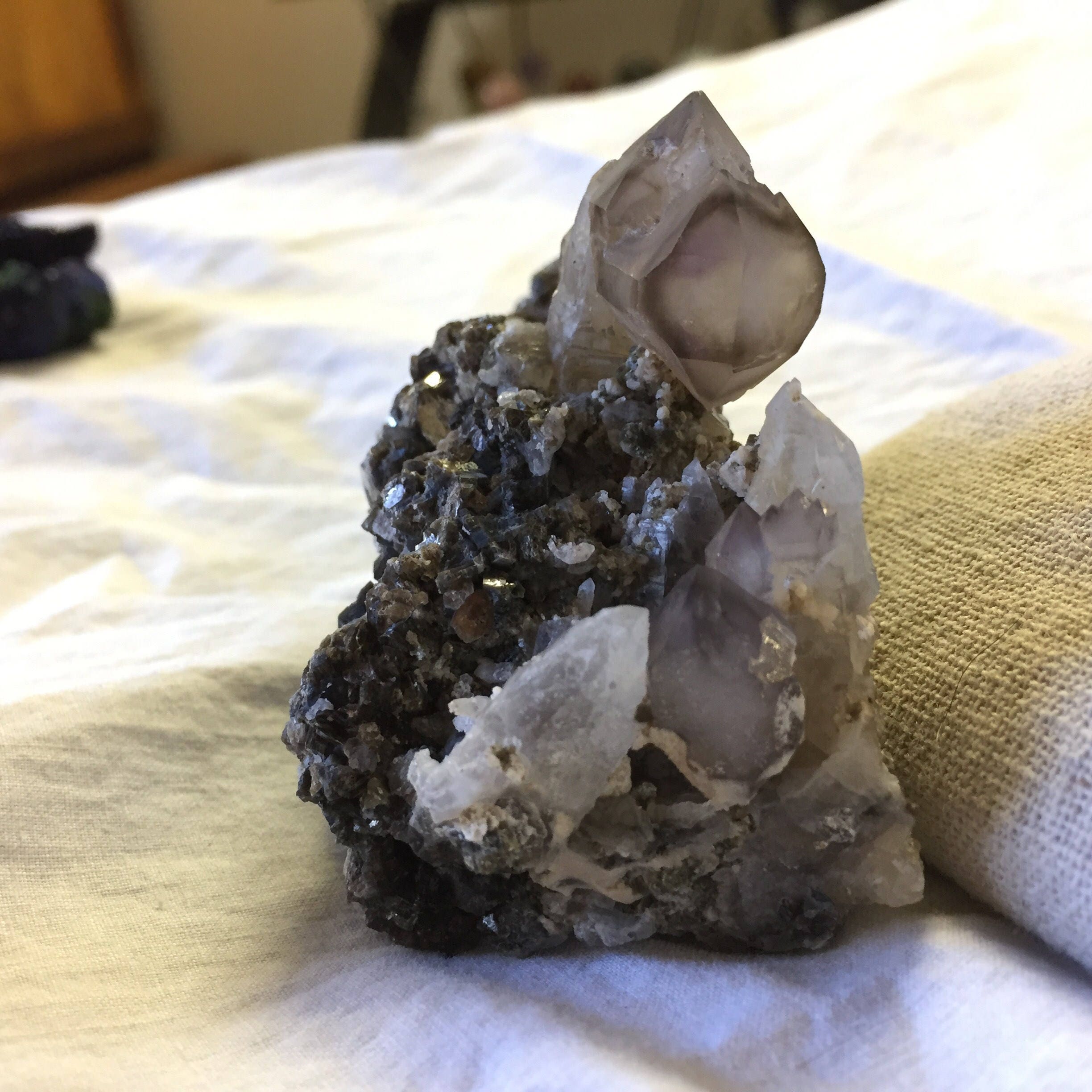 Elestial Skeletal Quartz on Mica and Calcite crystal cluster