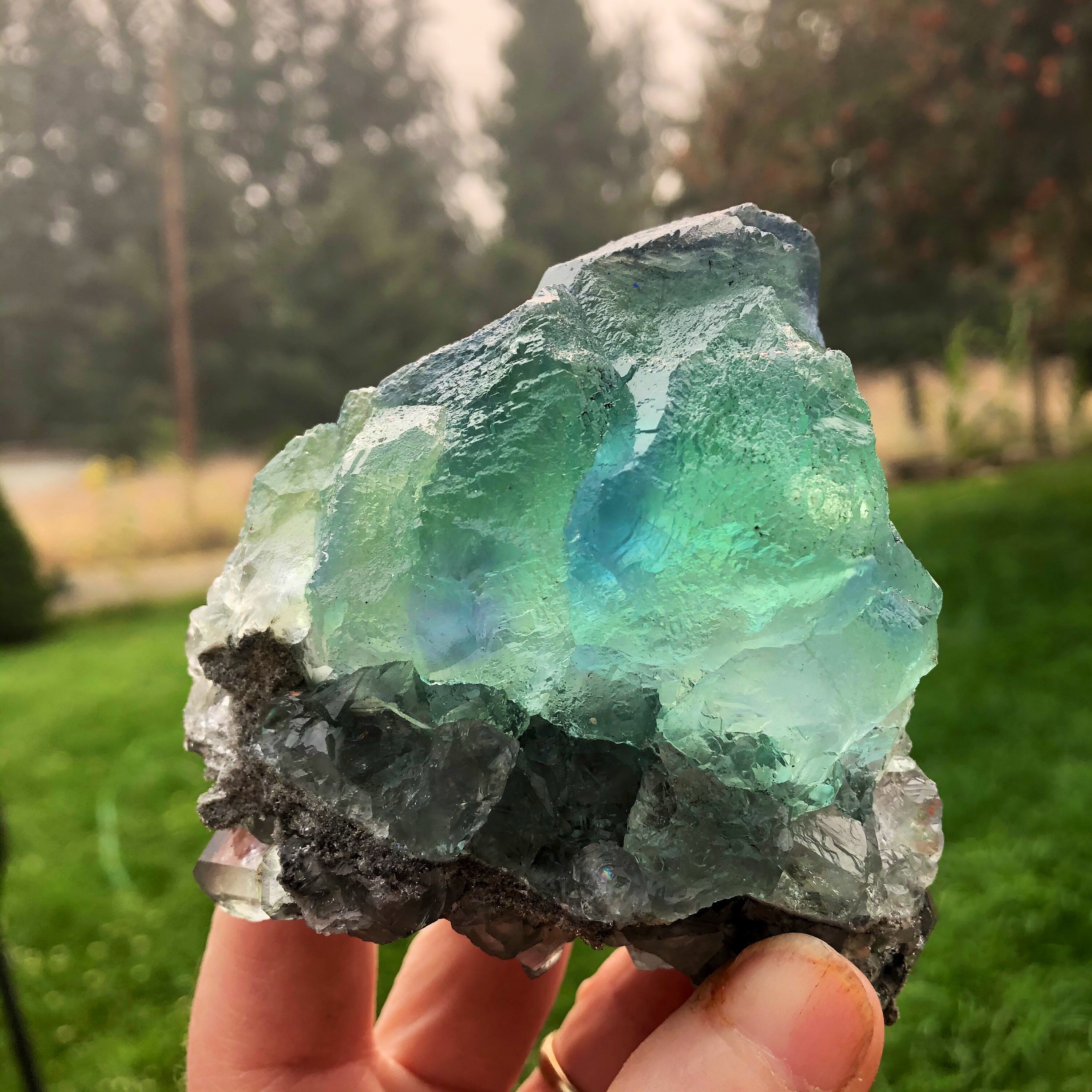 487g Green Fluorite With Blue Phantom And Druzy Smoky Quartz Mineral 487g Green Fluorite With Blue Phantom And Druzy Smoky Quartz Mineral