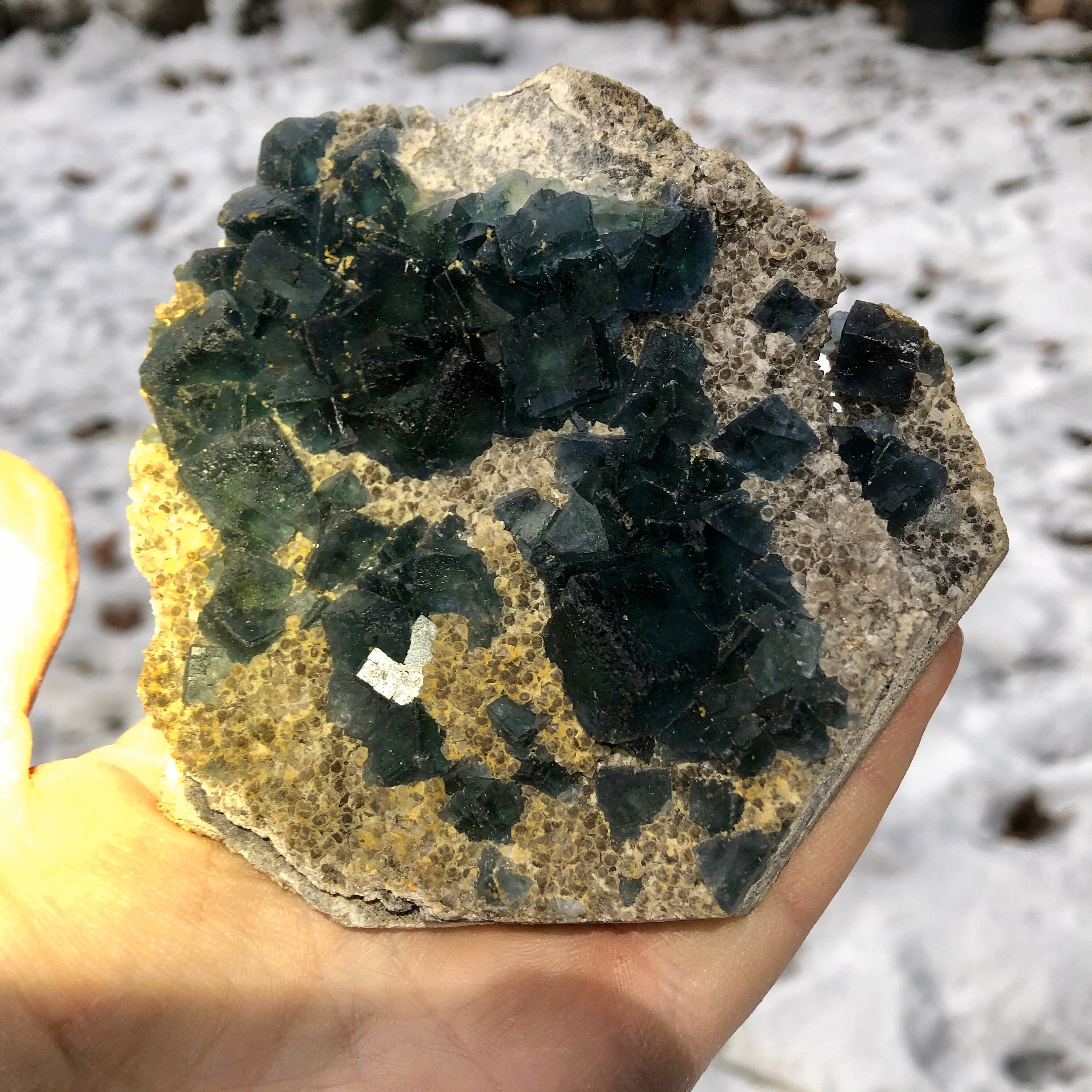 338g Vivid Blue Cubic Fluorite and Smoky Quartz Crystals on matrix