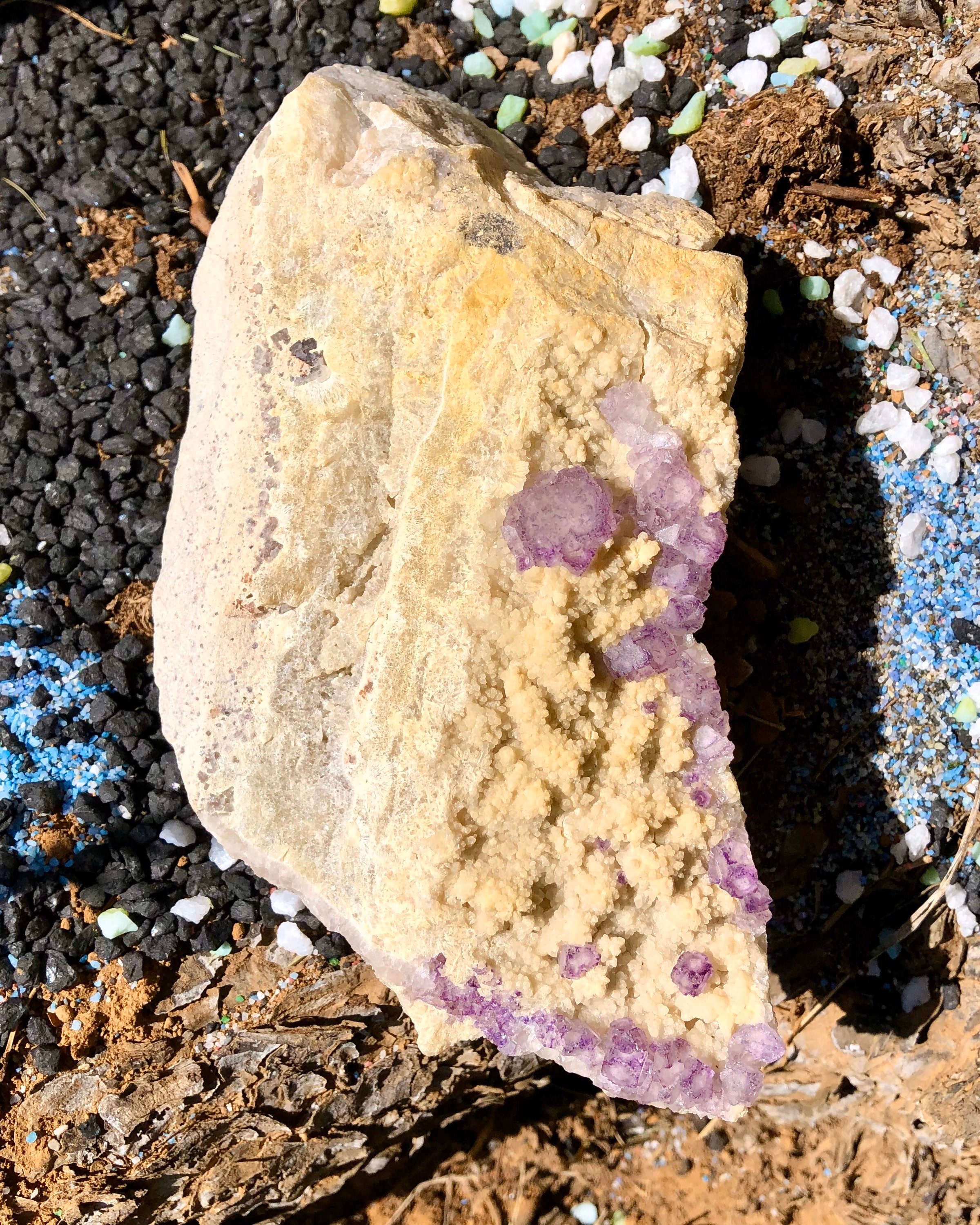 410g Violet Edged Cubic Fluorite On Yellow Stalactic Calcite Crystal ...