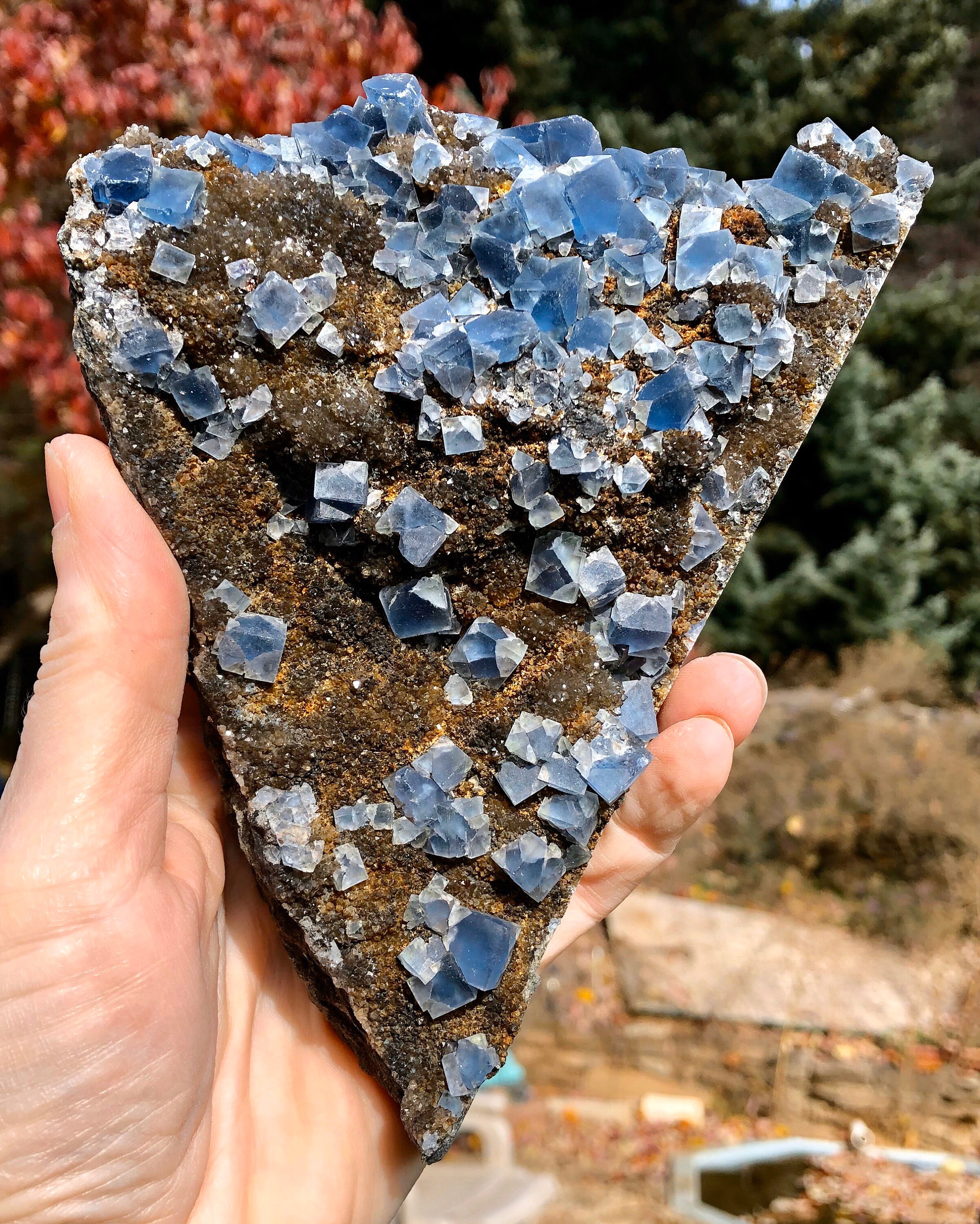 632g Blue Cubic Fluorite on Druzy Smoky Quartz Crystal Cluster Specimen