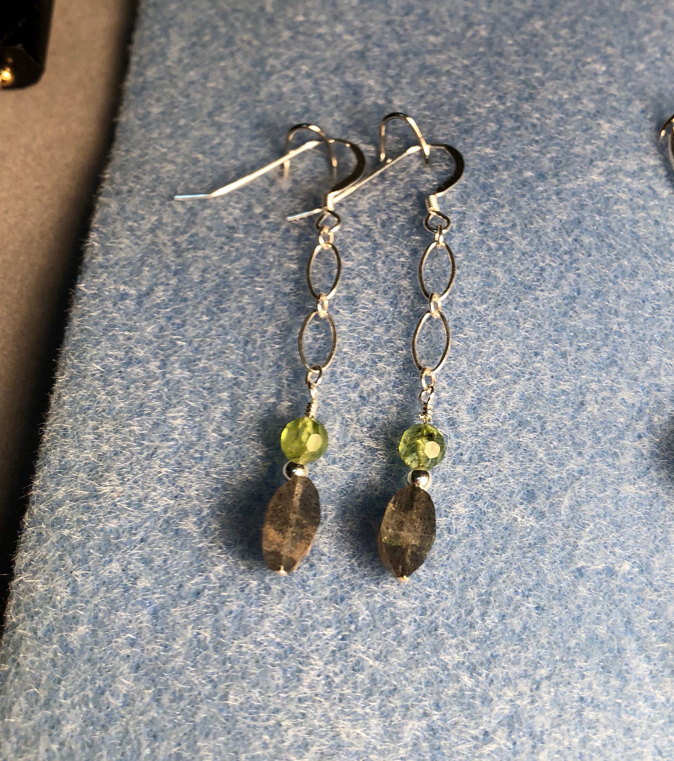 Labradorite , Peridot and Sterling Silver Chain Earrings