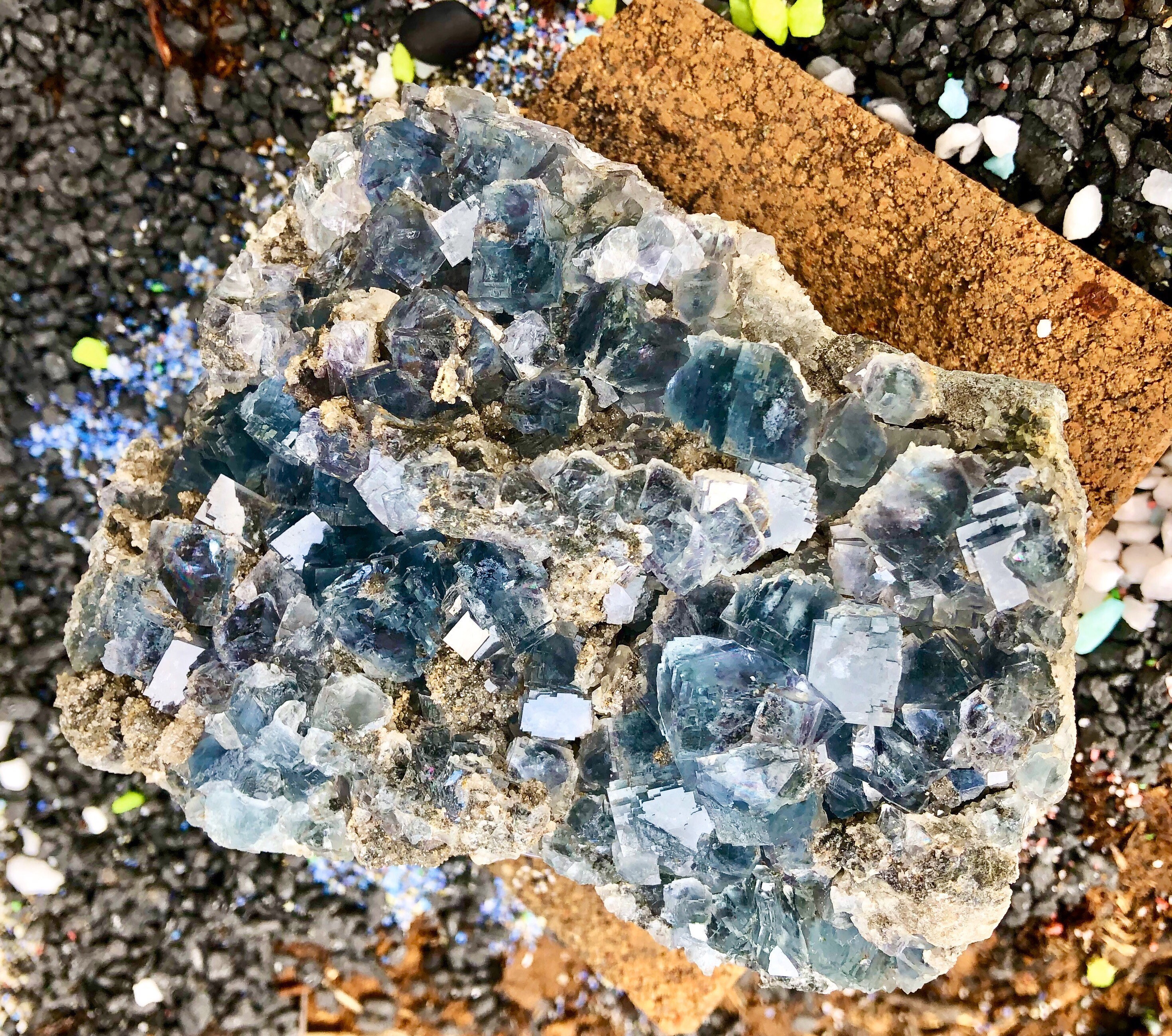 640g Transparent Blue Cubic Fluorite On Gray Druzy Smoky Quartz Crystal ...