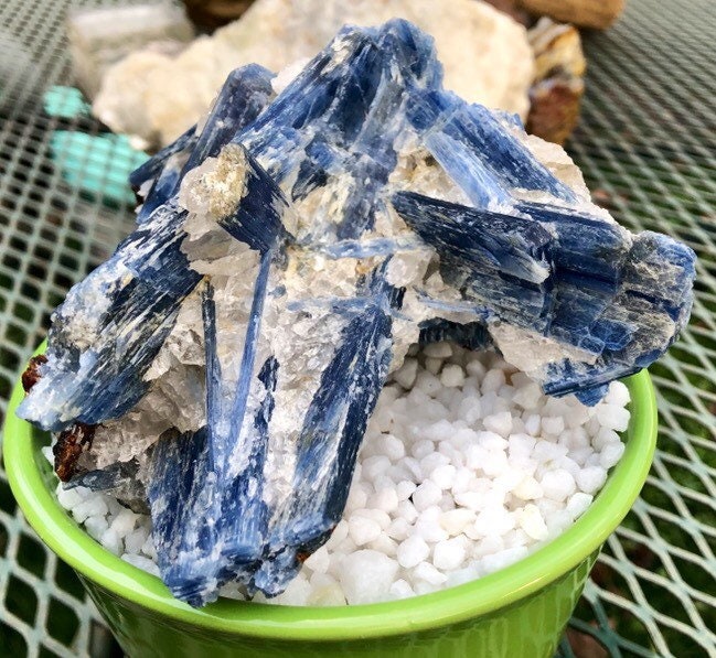 Large Blue and White Kyanite Crystal Cluster with Red Almandine Garnet