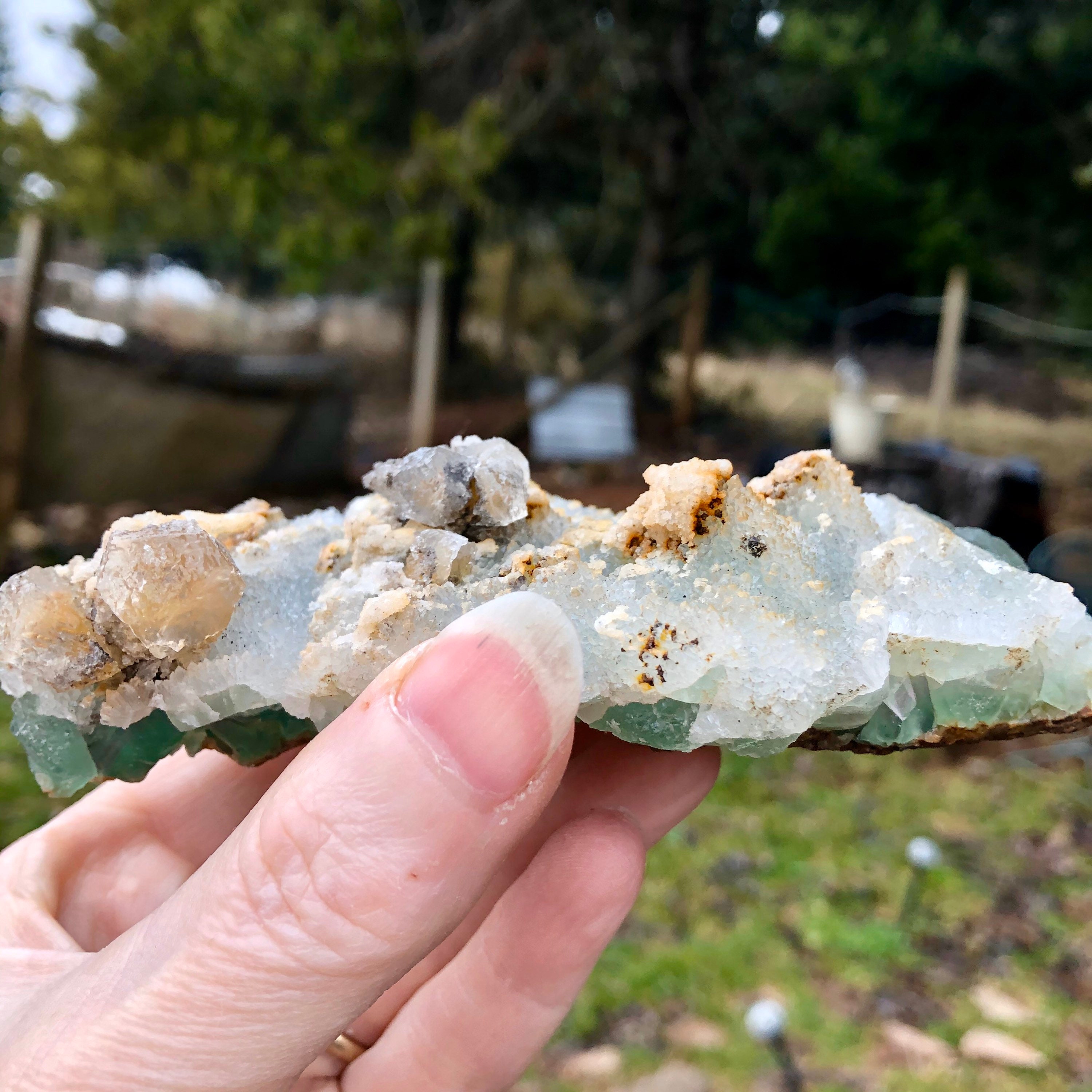 370g Druzy White Quartz Over Green Fluorite With Yellow Calcite Crystal ...