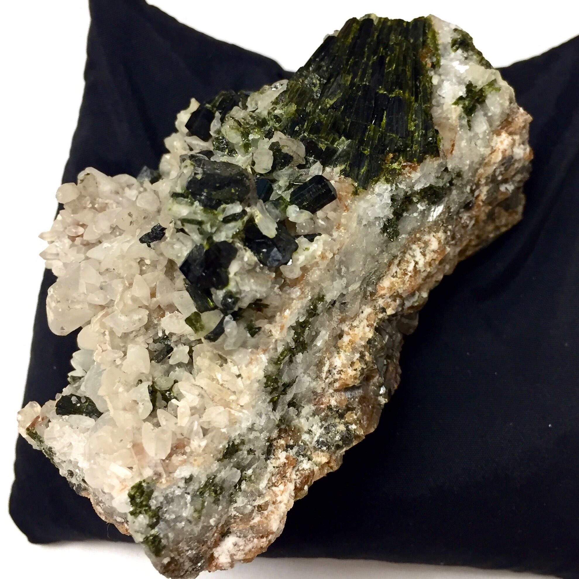 Gemmy Epidote cluster on Calcite matrix specimen