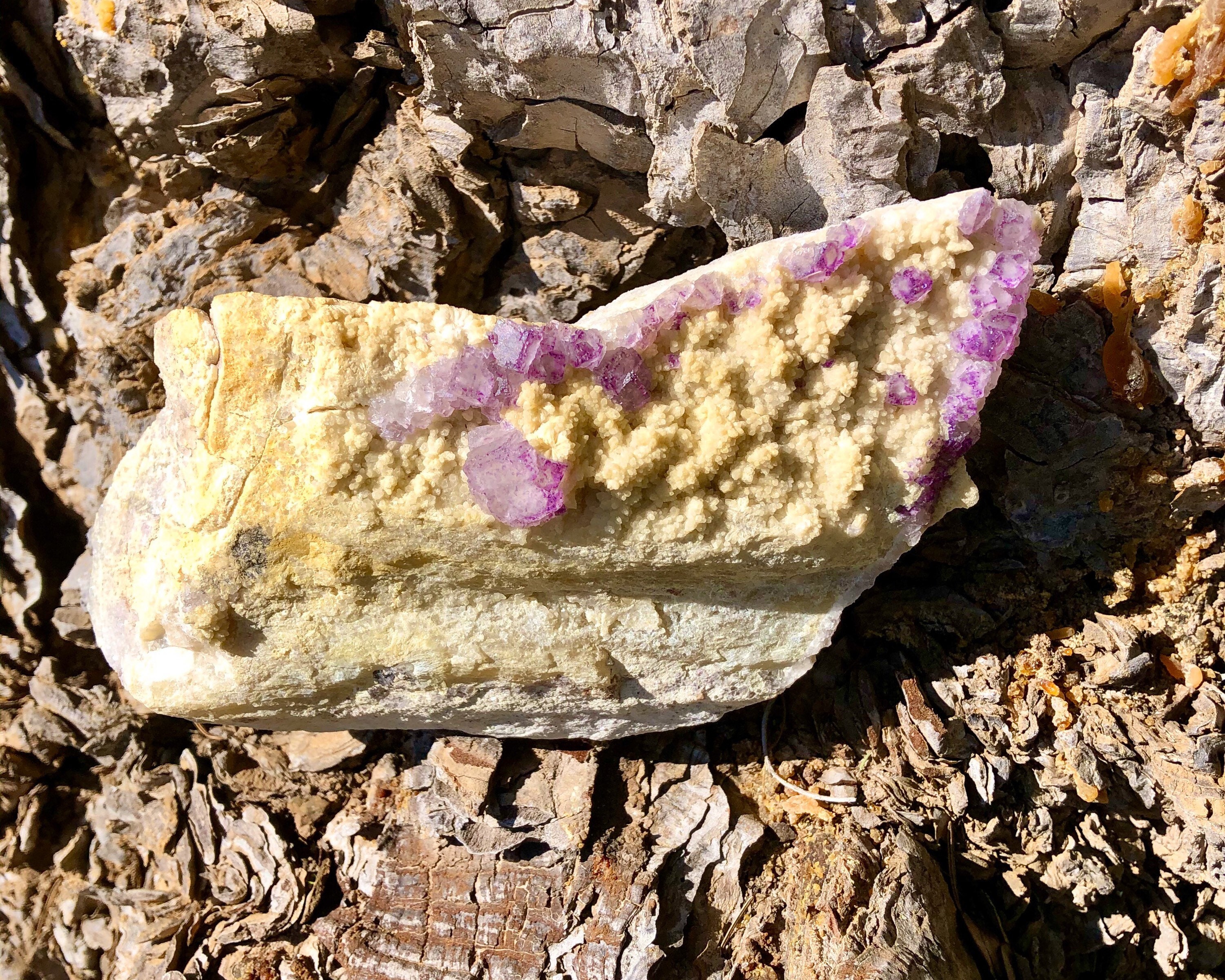 410g Violet Edged Cubic Fluorite On Yellow Stalactic Calcite Crystal ...