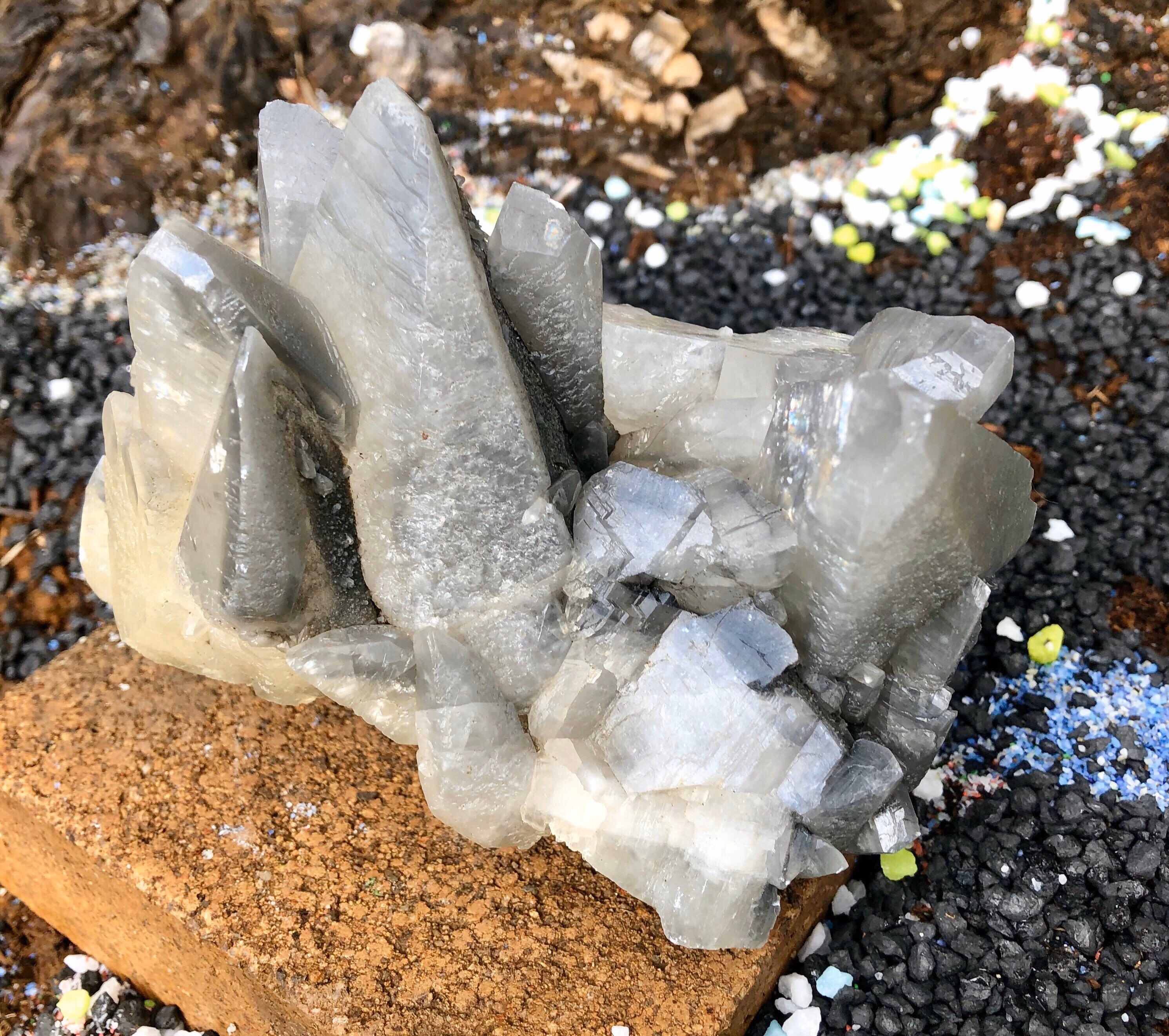 672g Gray Dogtooth Calcite Double Sided Crystal Cluster Mineral Display ...