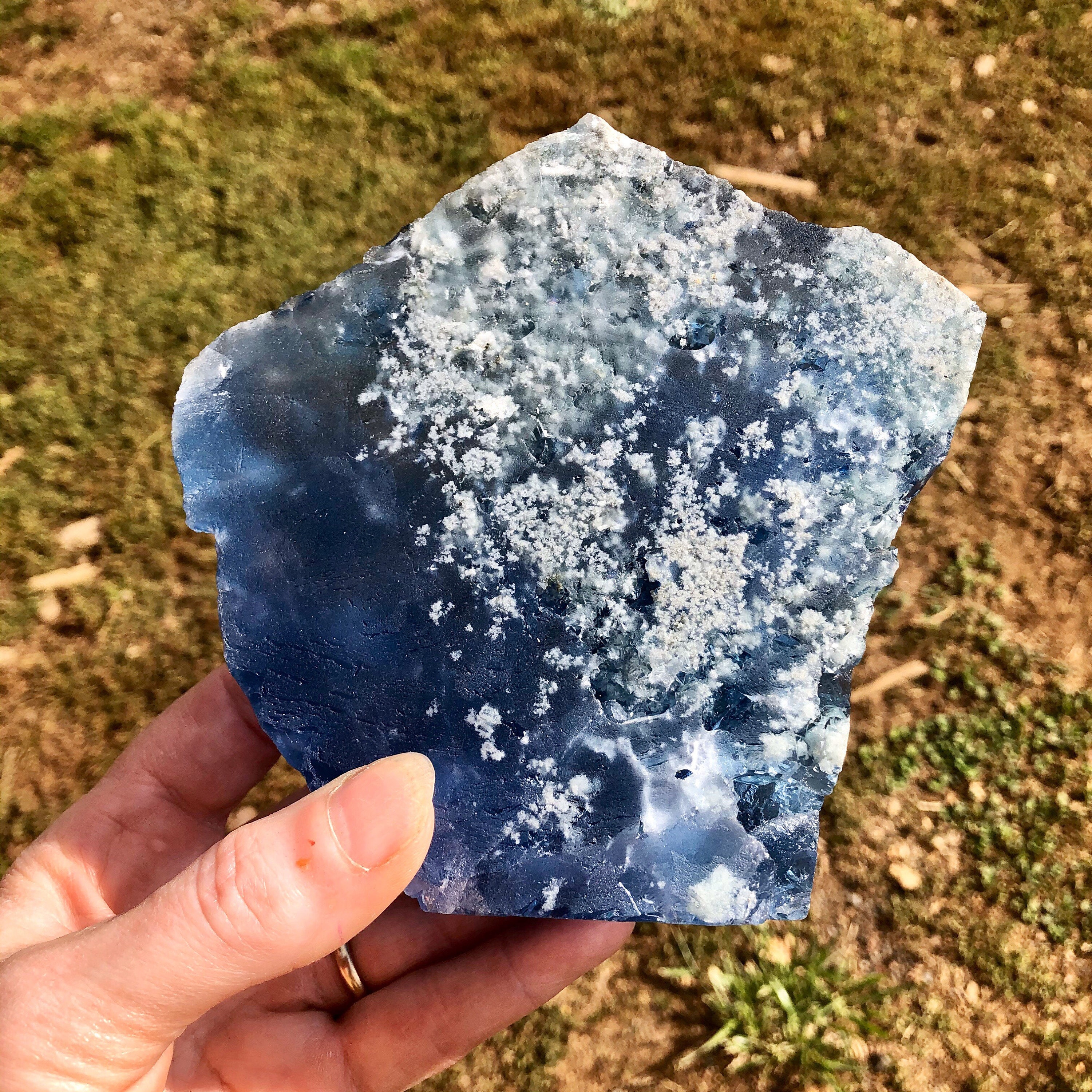 Large Standing Blue Transparent Fluorite with White Calcite Dendrites ...