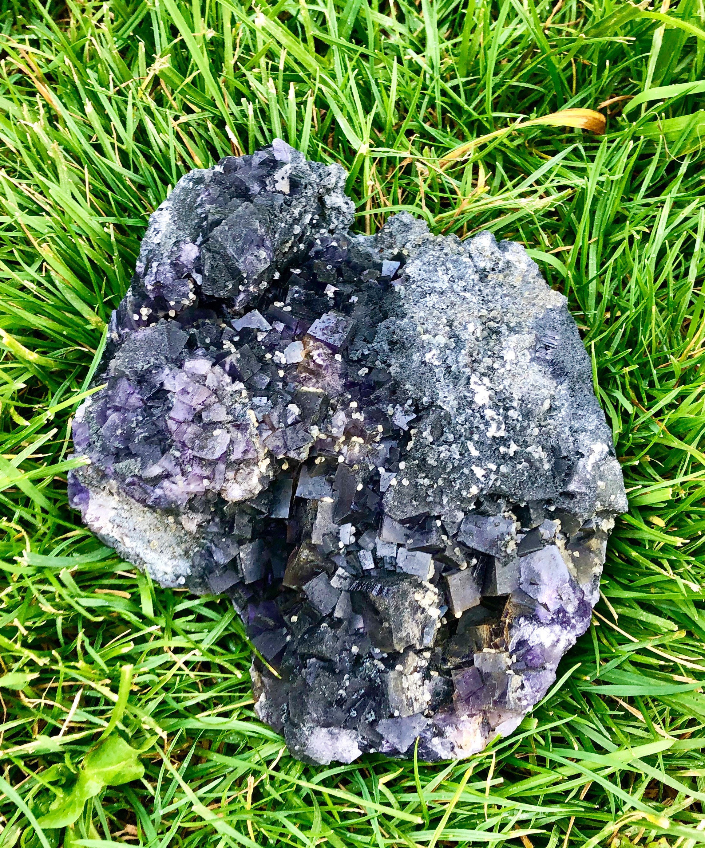 502g DARK Purple Cubic Calcite With Tiny Yellow Calcite Crystal Cluster