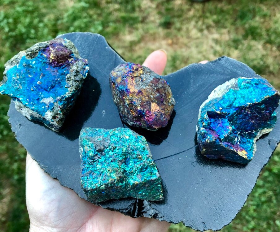 4 pieces of Bornite or Peacock Ore with vivid rainbow colors