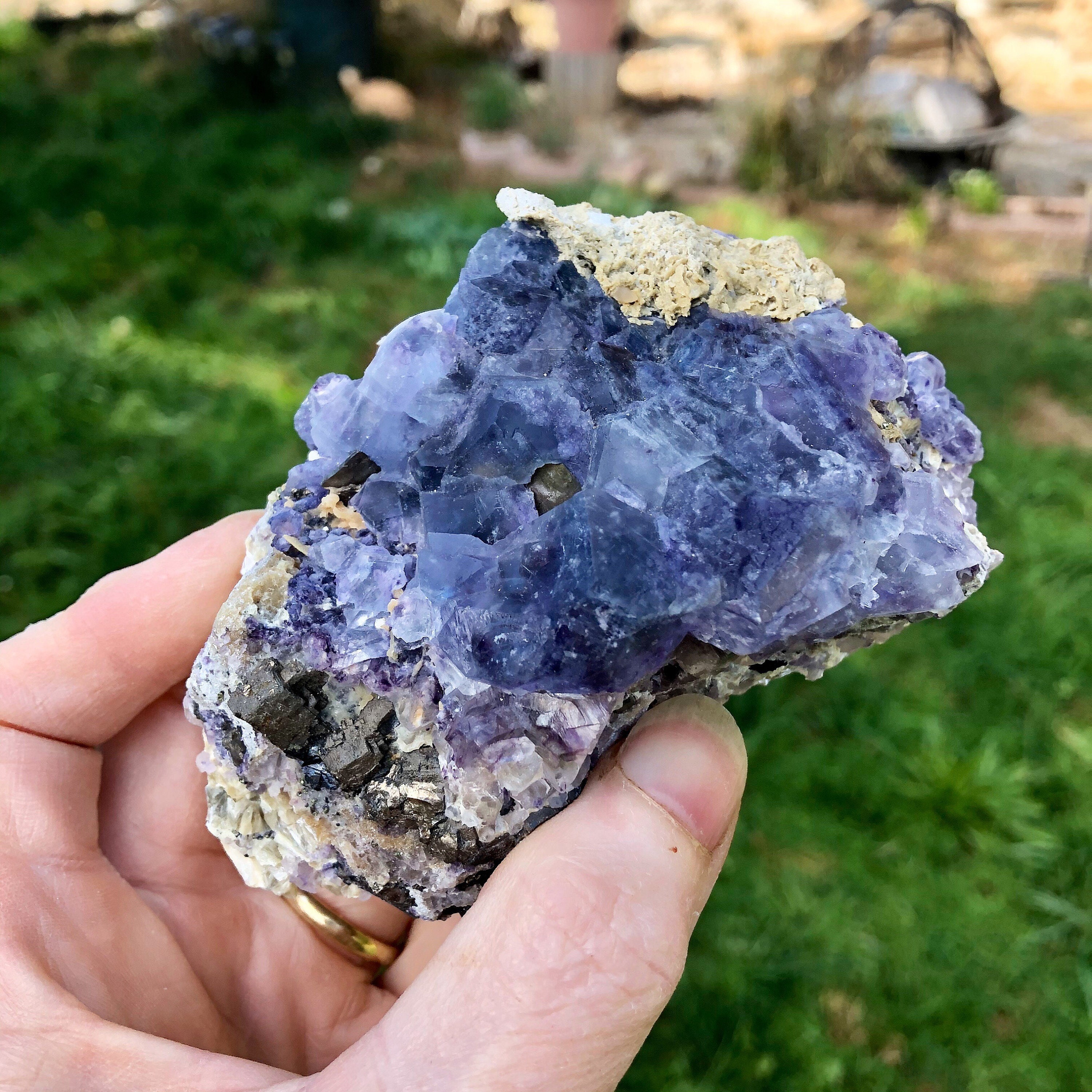 410g Purple Fluorite and Pyrite on White Radiating Pyrophyllite Crystal ...