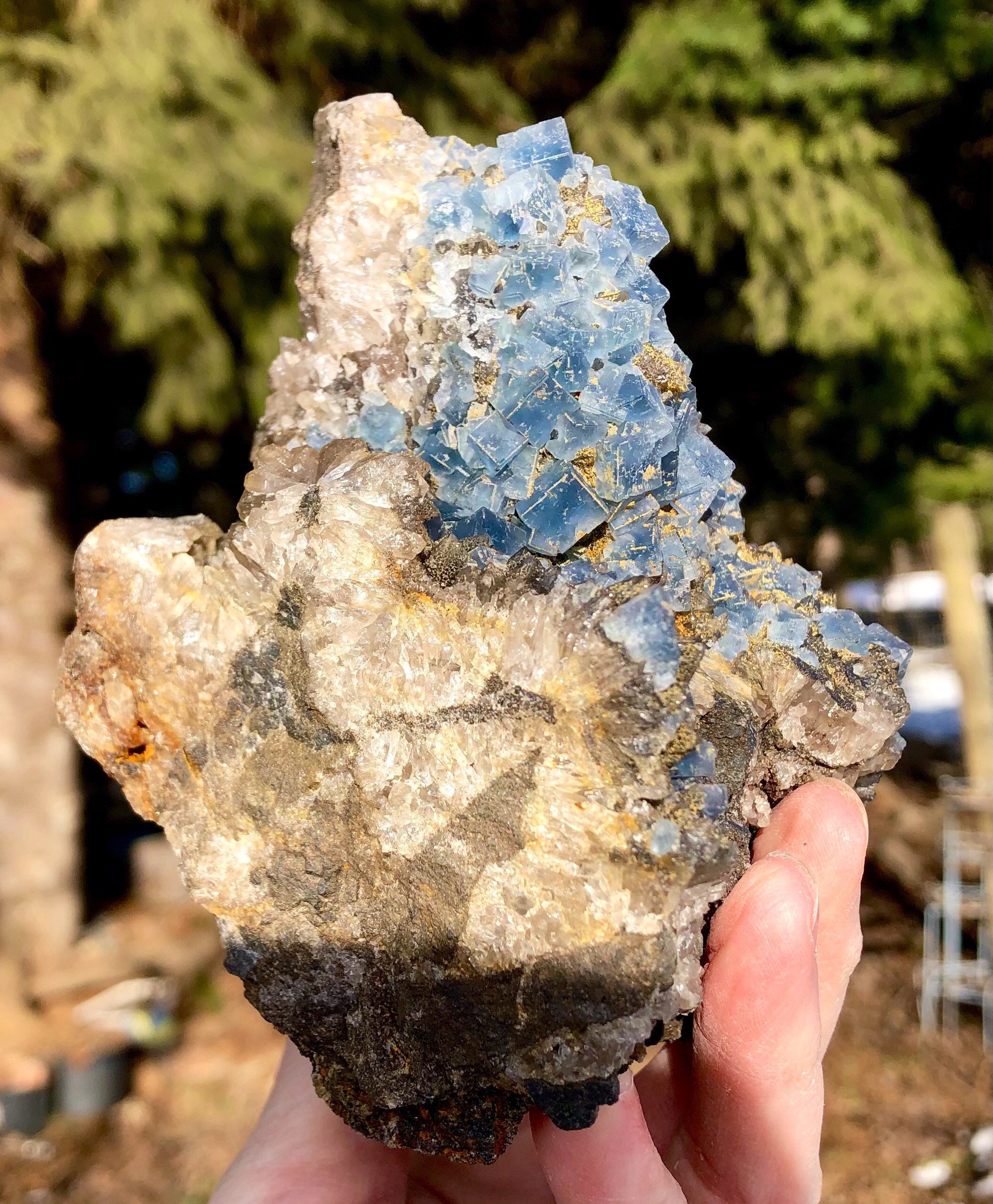 810g Blue Cubic Fluorite And Brown Dogtooth Calcite Crystal Cluster ...