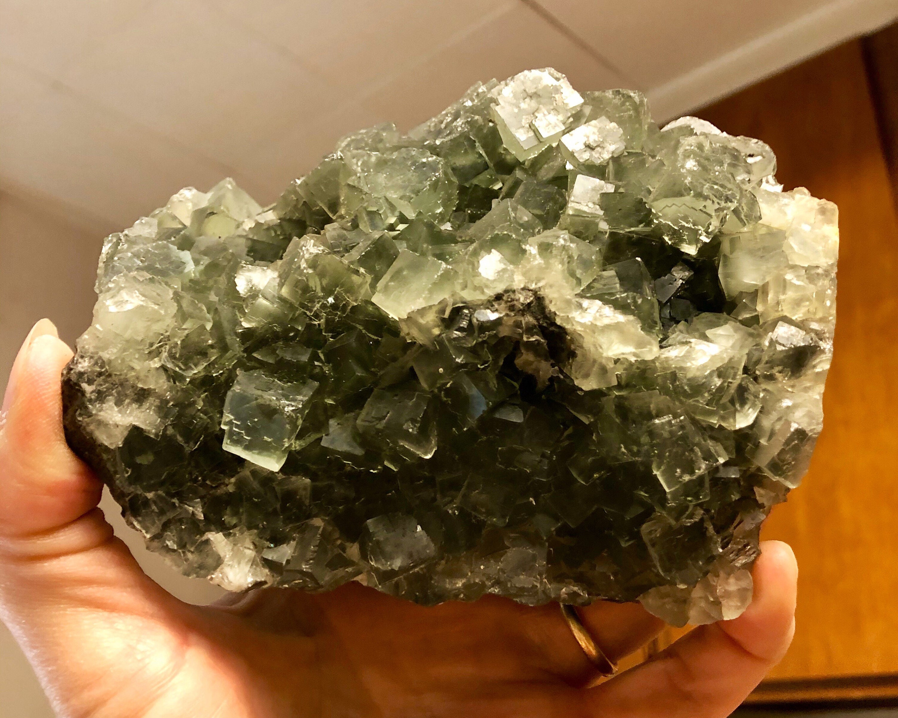 898g Large green cubic Fluorite with Clear Quartz Crystal Cluster Specimen