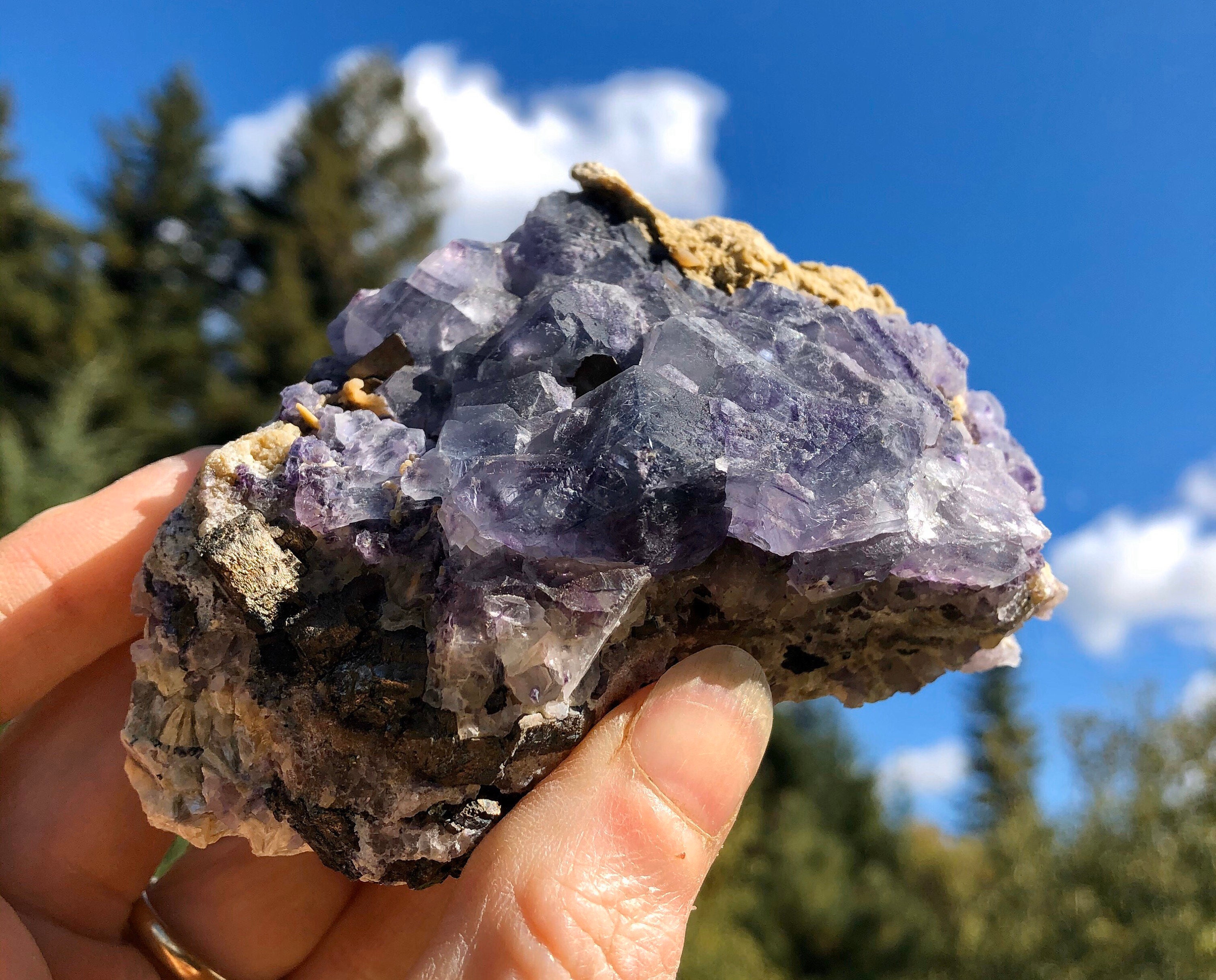 410g Purple Fluorite and Pyrite on White Radiating Pyrophyllite Crystal ...