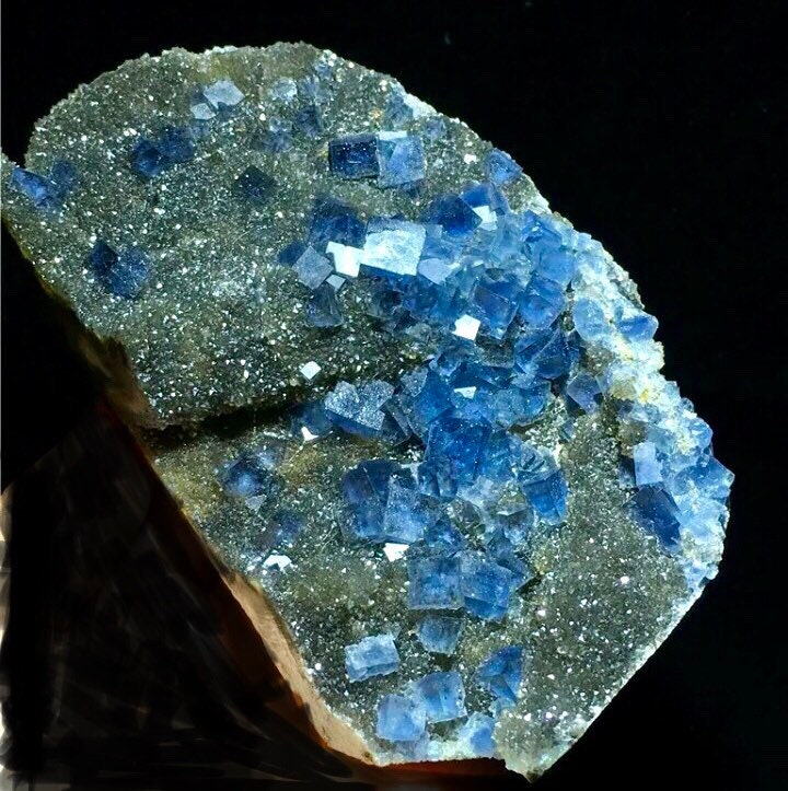 Blue Cubic Fluorite on Gray Druzy Calcite Crystal Cluster Specimen
