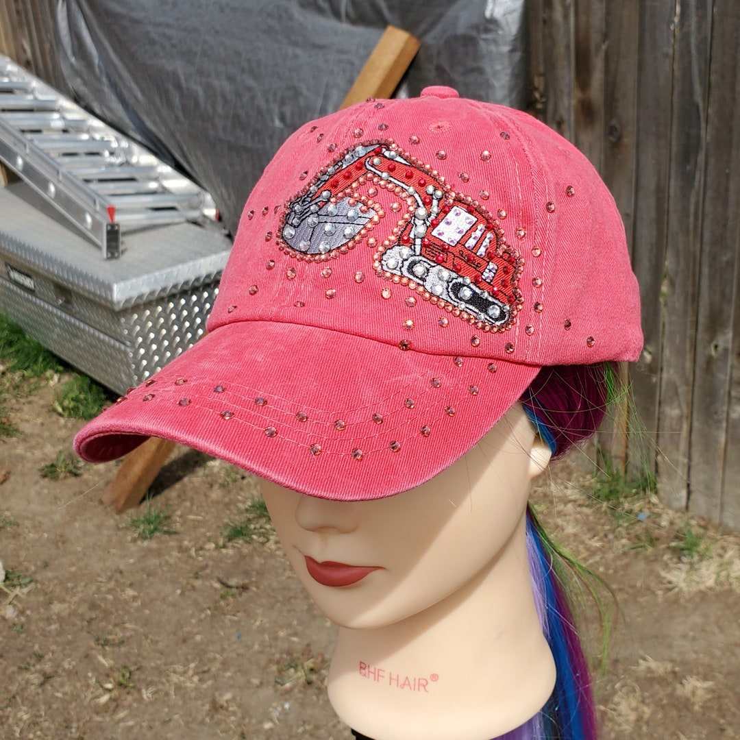 Ladies Red Acid Washed Backhoe BLING Hat - Etsy