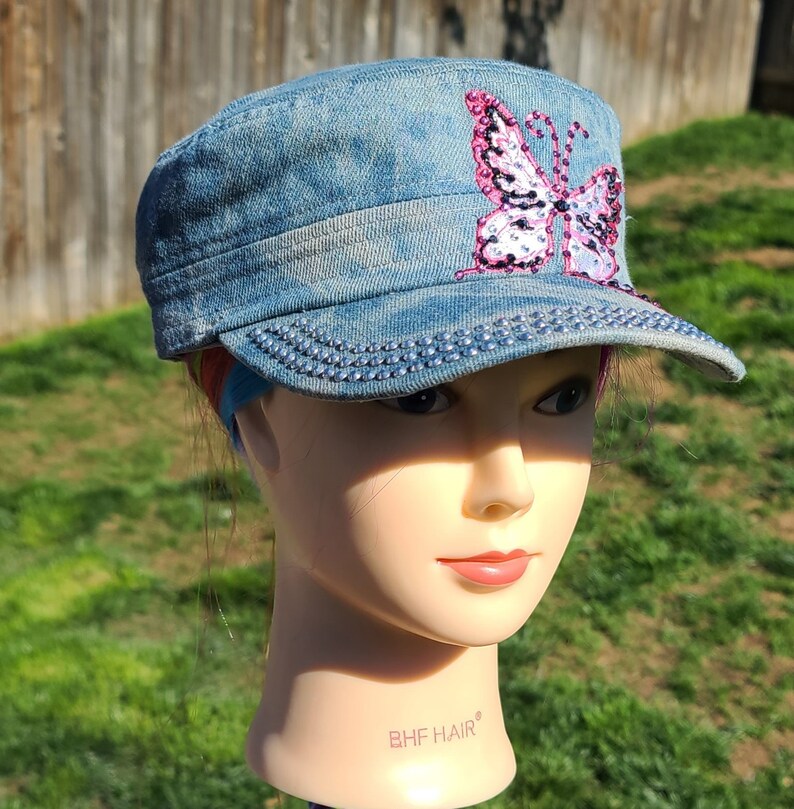 Ladies Lt Blue Denim And Pink Butterfly Bling Hat Etsy
