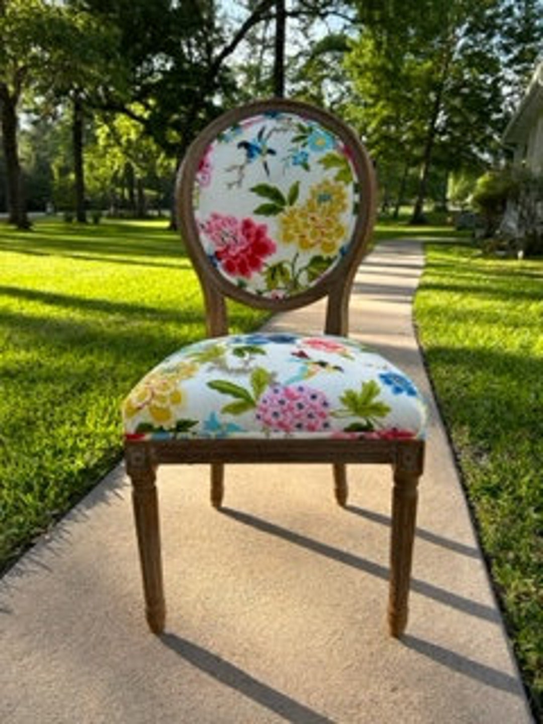 Floral and Bird Upholstery Fabric on Neutral Dining Room Chair. Vibrant ...