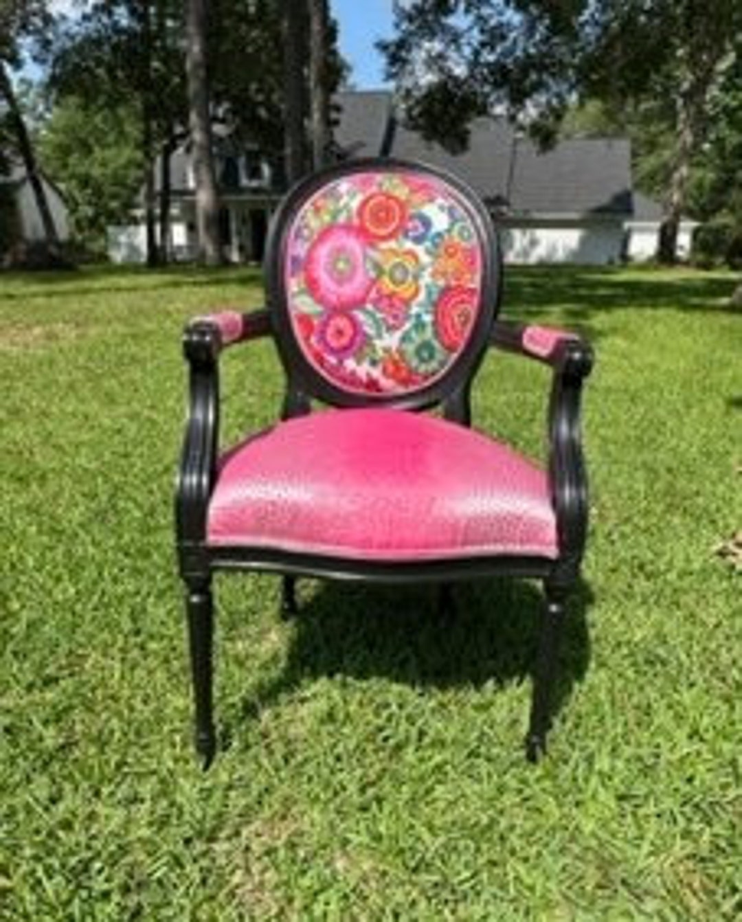 Pink Eclectic Chair With Modern Flower Fabric and Synthetic/fake ...