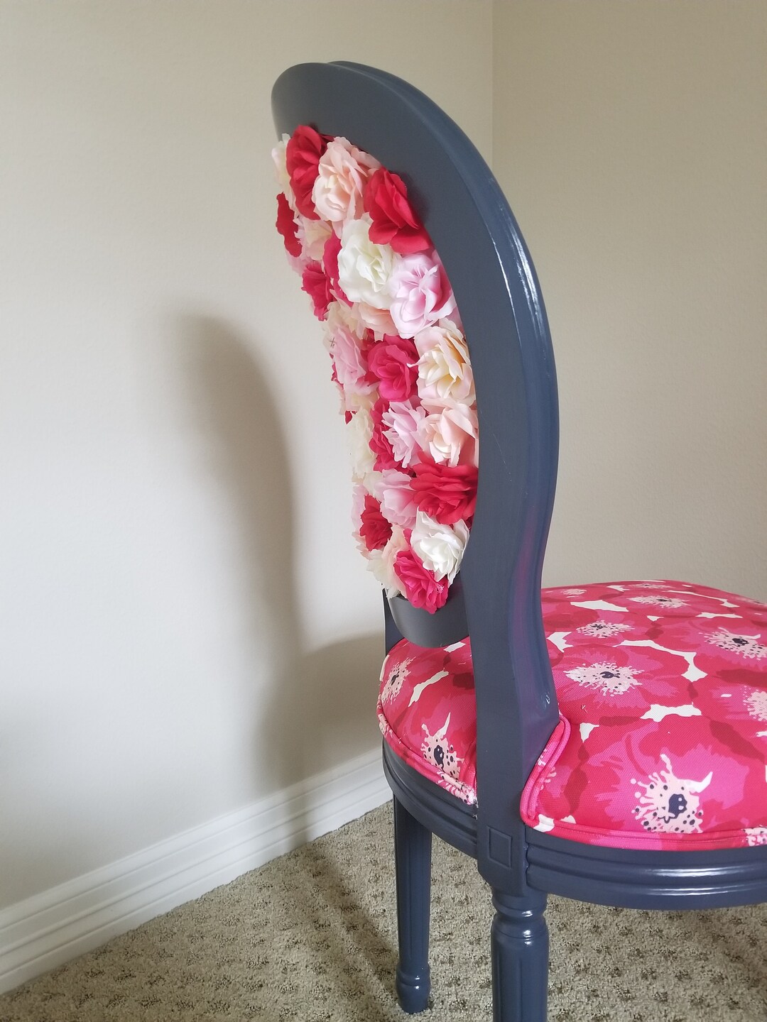 Hand-painted Floral Accent Chair: Navy Frame, Faux Flower Back | Unique ...