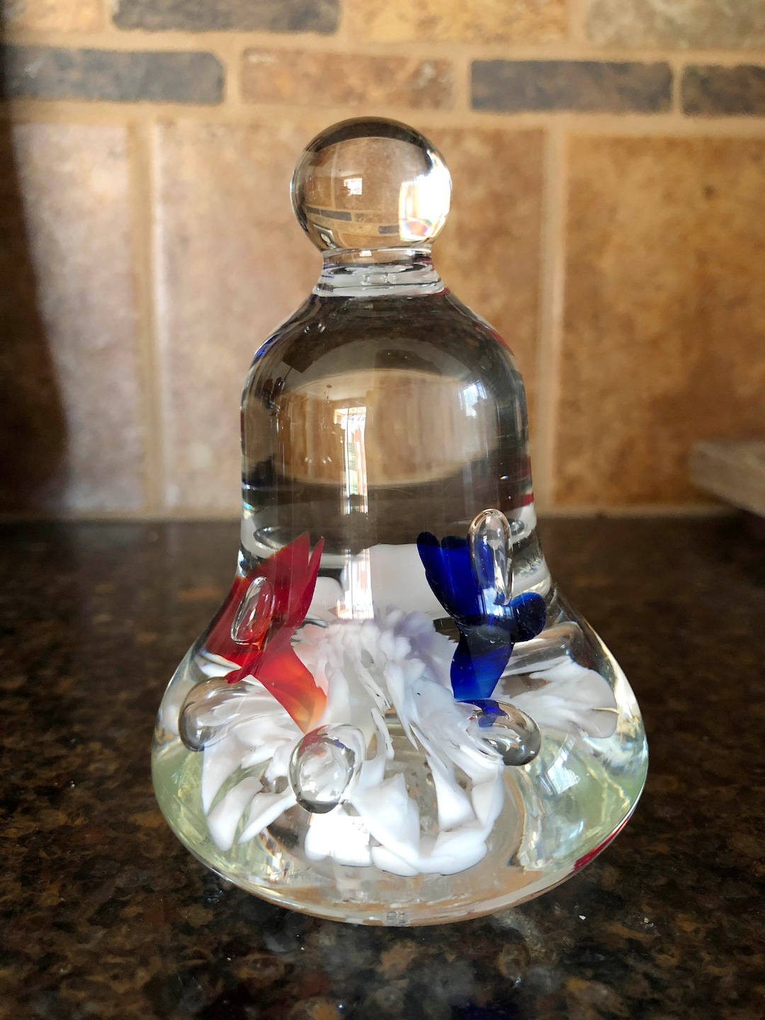 Art Glass Bell Paperweight, Red White Blue Flowers, Patriotic, PCA ...