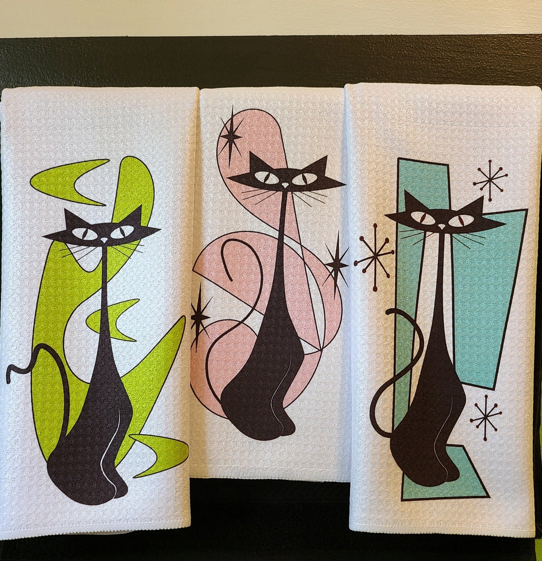 MCM Atomic Cats in Retro Shapes Kitchen and Bar Towels/cat Towels ...