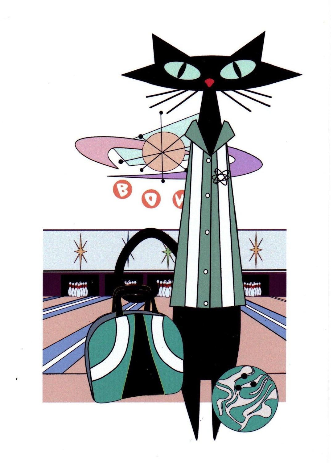 MCM Atomic Cat Metal Photo Print Mid Century Cat Art Bowling - Etsy