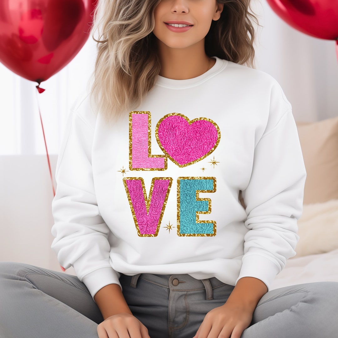 Faux Chenille Patch Valentines Day Sweatshirt, Valentine Shirt, Valentines Crewneck, Heart ...