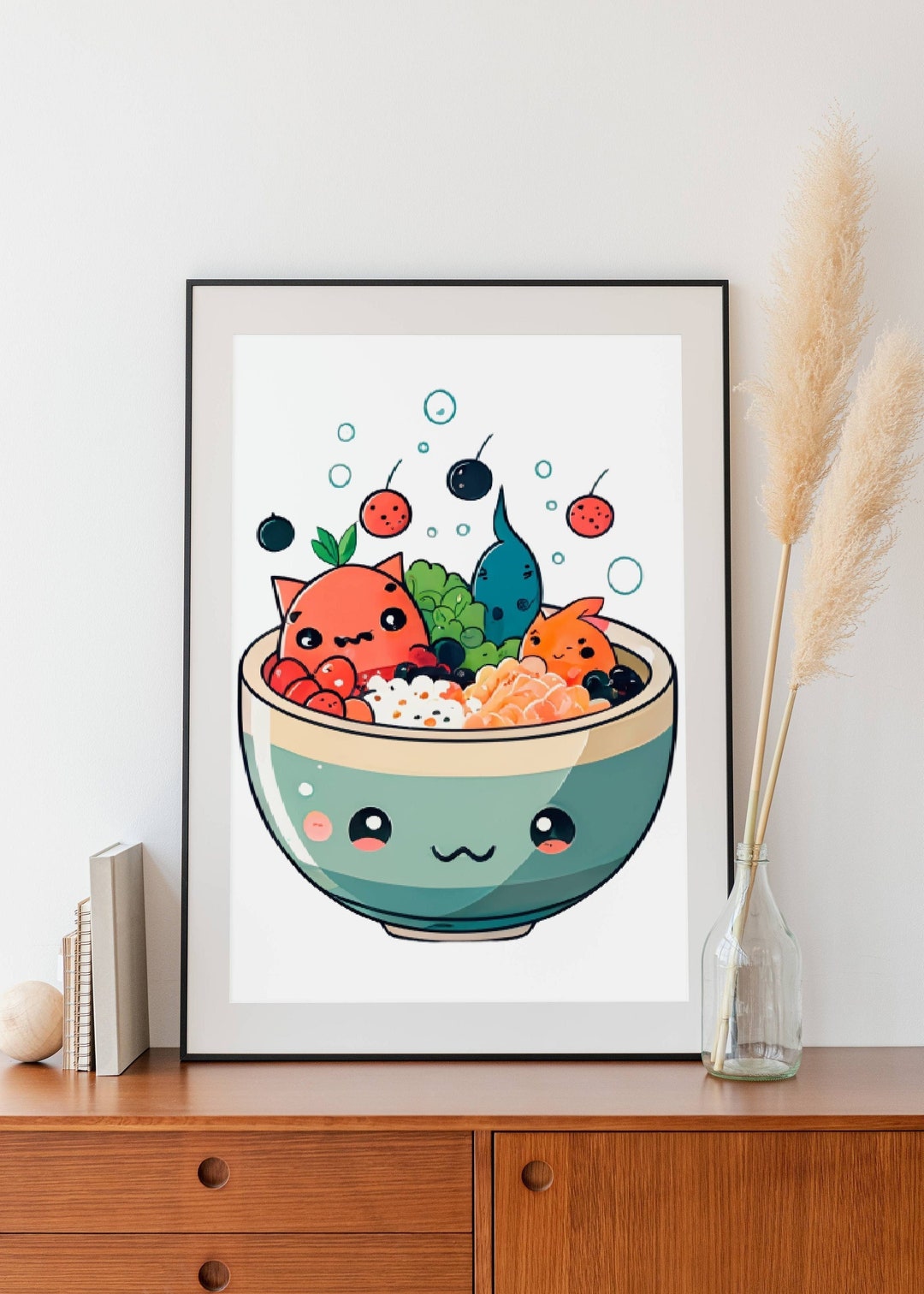Cute Chirashi Rice Bowl Wall Art, Kawaii Foodie Cartoon for Home Decor ...
