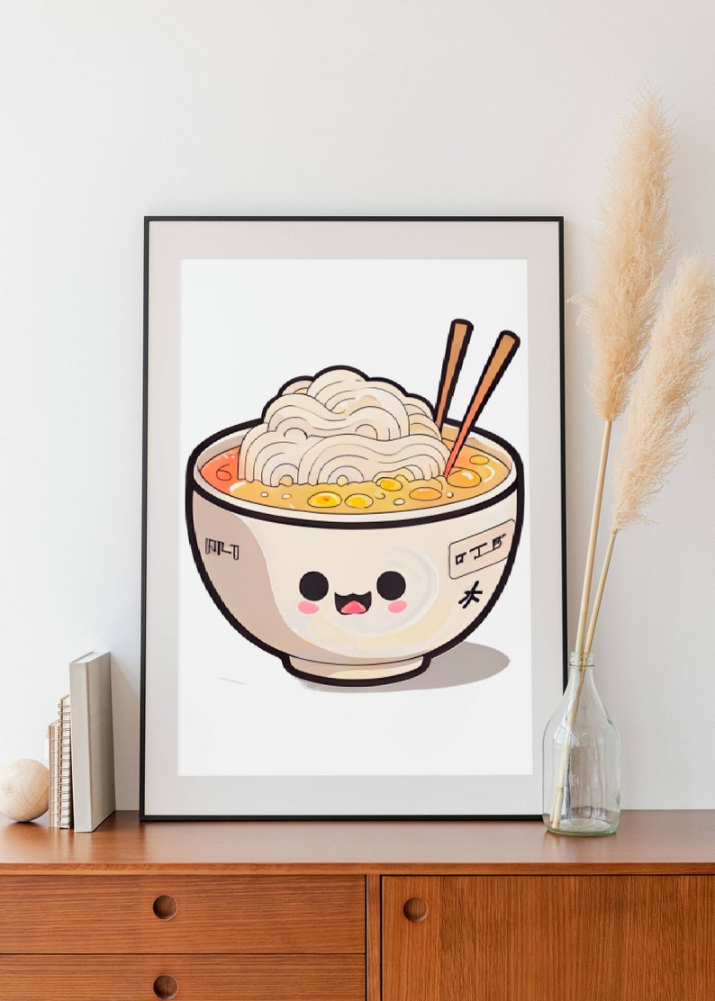Cute Ramen Noodle Bowl Wall Art, Kawaii Foodie Cartoon for Home Decor ...