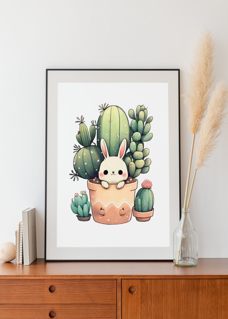 Cute Bunny Rabbit Plant Wall Art, Kawaii Cartoon for Home Decor ...