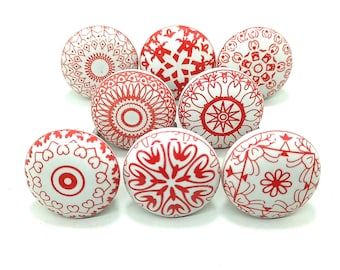Hand Painted Red & White Ceramic Knobs, Kitchen Cabinet Hardware - Etsy