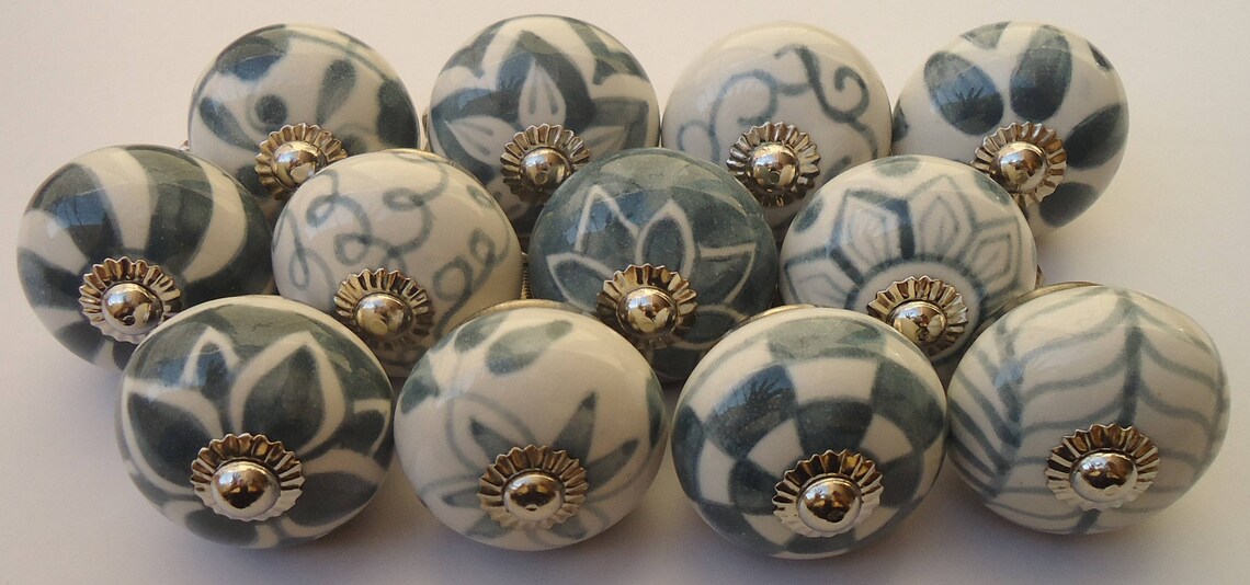 Grey and White Ceramic Knobs Handpainted Kitchen Cabinet Knobs | Etsy